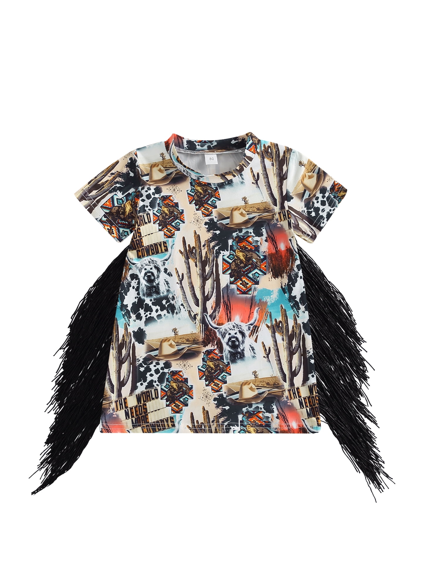 Canrulo Toddler Baby Girl Western Dress Cow Print T Shirt Dress Boho Short Sleeve Fringe Dresses ...