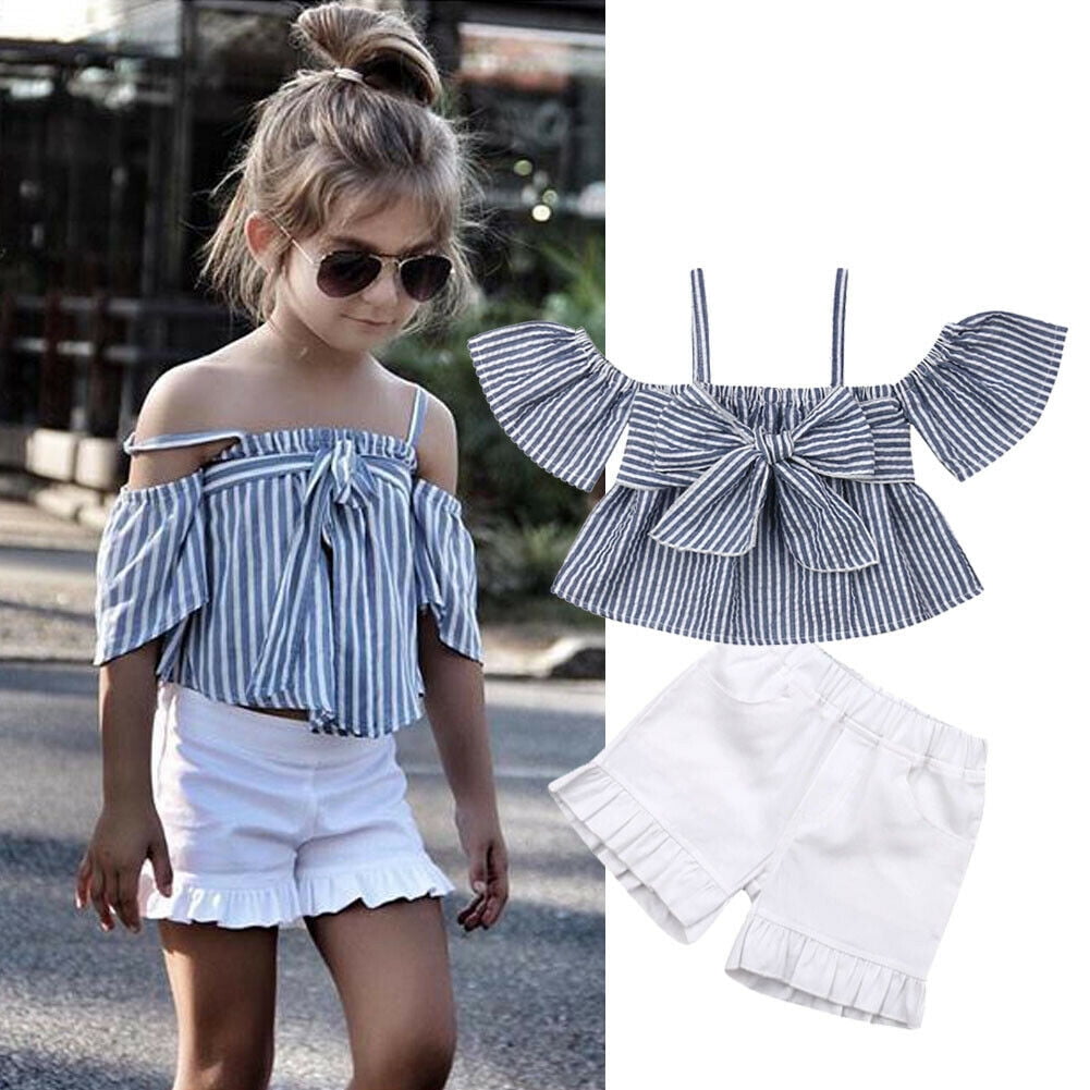 Canrulo Toddler Kids Baby Girls Off Shoulder Striped Crop Top Bowknot ...