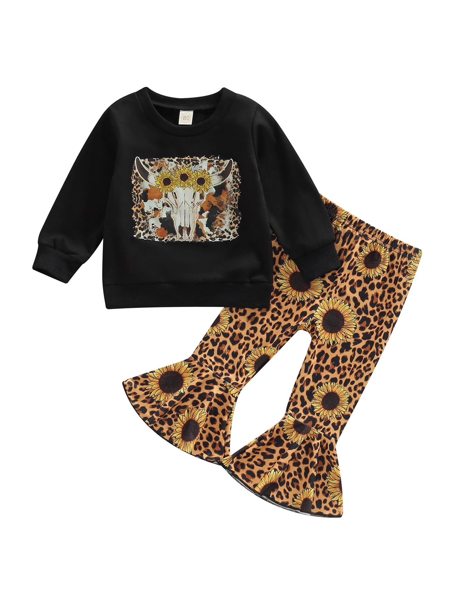 Canrulo Western Toddler Baby Girl Clothes Cow Print Long Sleeve Pullover Tops Bell Bottom Pants ...