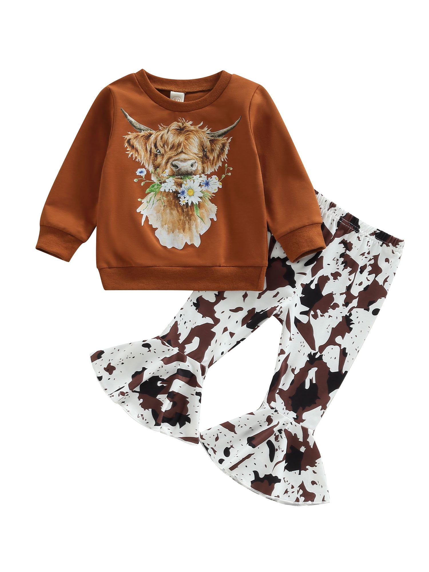 Canrulo Western Toddler Baby Girl Clothes Cow Print Long Sleeve Pullover Tops Bell Bottom Pants ...