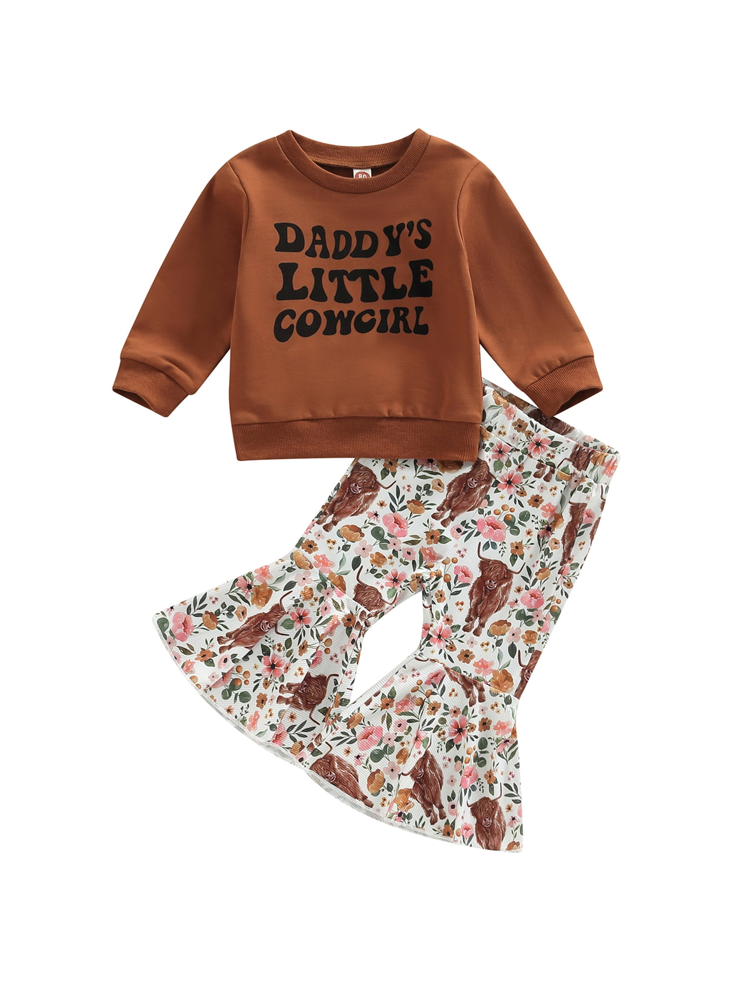 Canrulo Western Toddler Baby Girls Clothes Cow Print Long Sleeve Pullover Tops Bell Bottom Pants ...