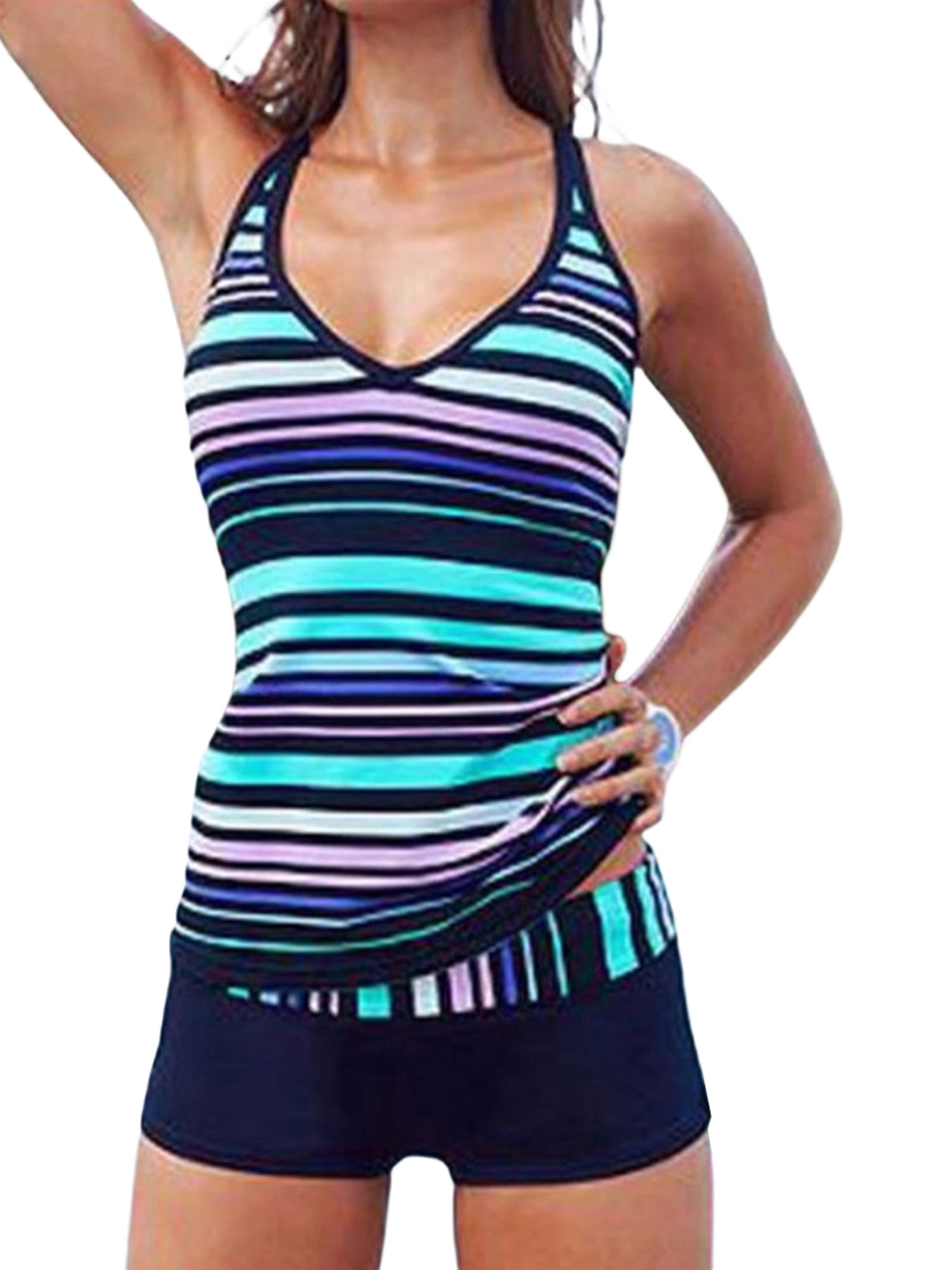 Canrulo Women Tankini Swimsuit Costume Two Piece V Neck Striped Print ...
