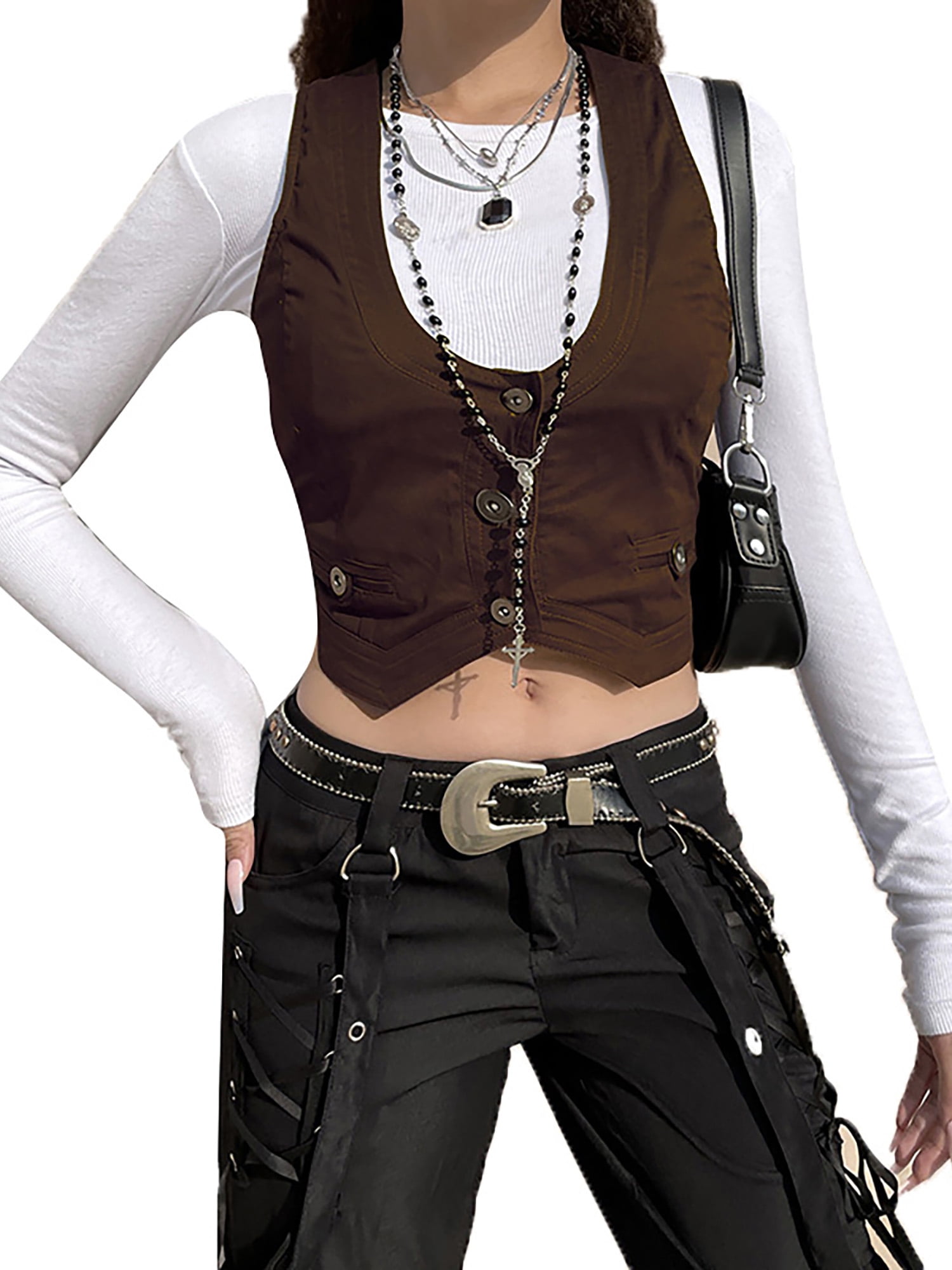 Canrulo Women Waistcoat Vest Vintage Button Down Halter V Neck Gothic ...