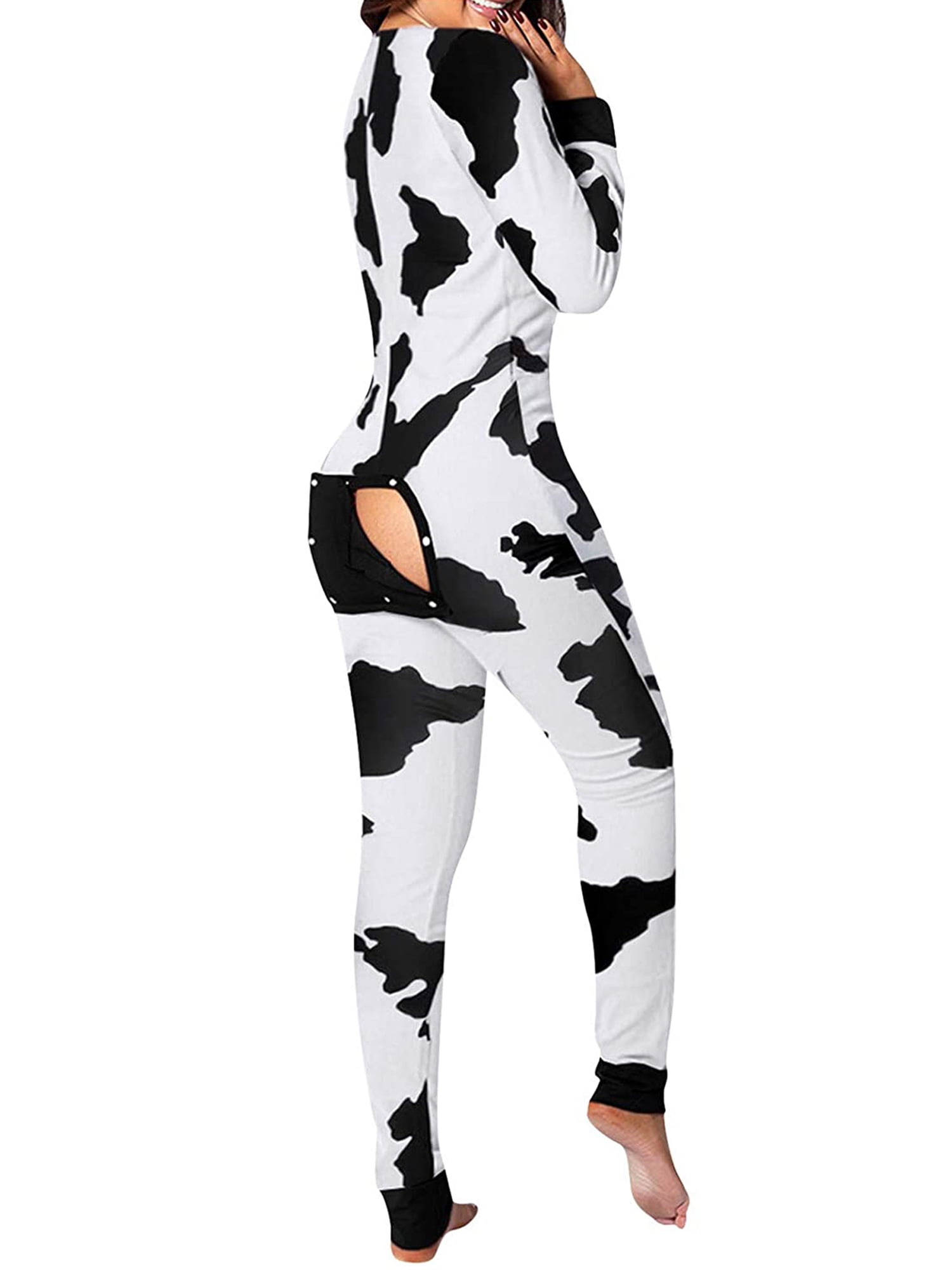 Canrulo Plus Size Womens Back Butt Flap Onesie, V Neck, Long Sleeve ...