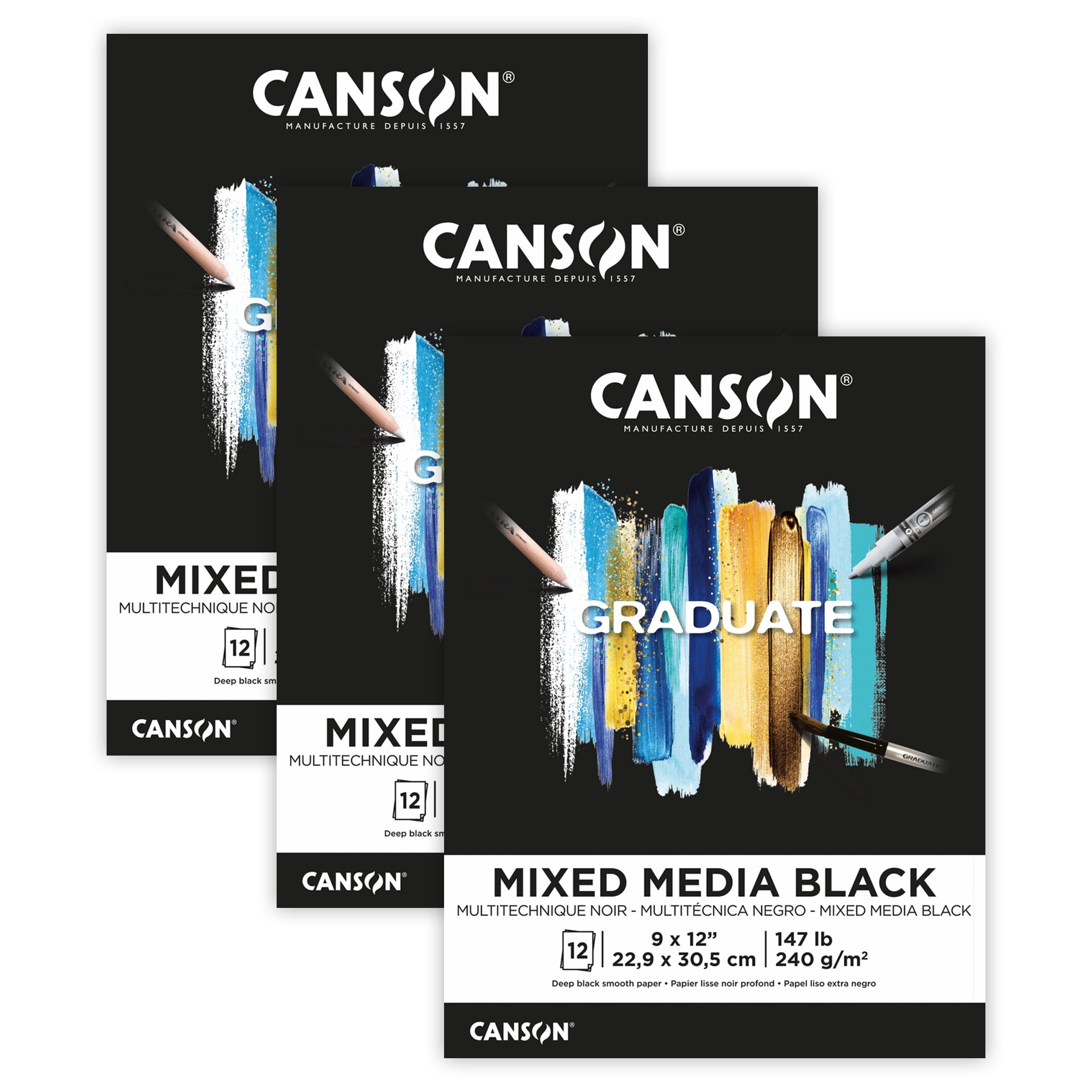 Canson Graduate Mixed Media Pad, Black, Foldover Binding, 12 Sheet ...
