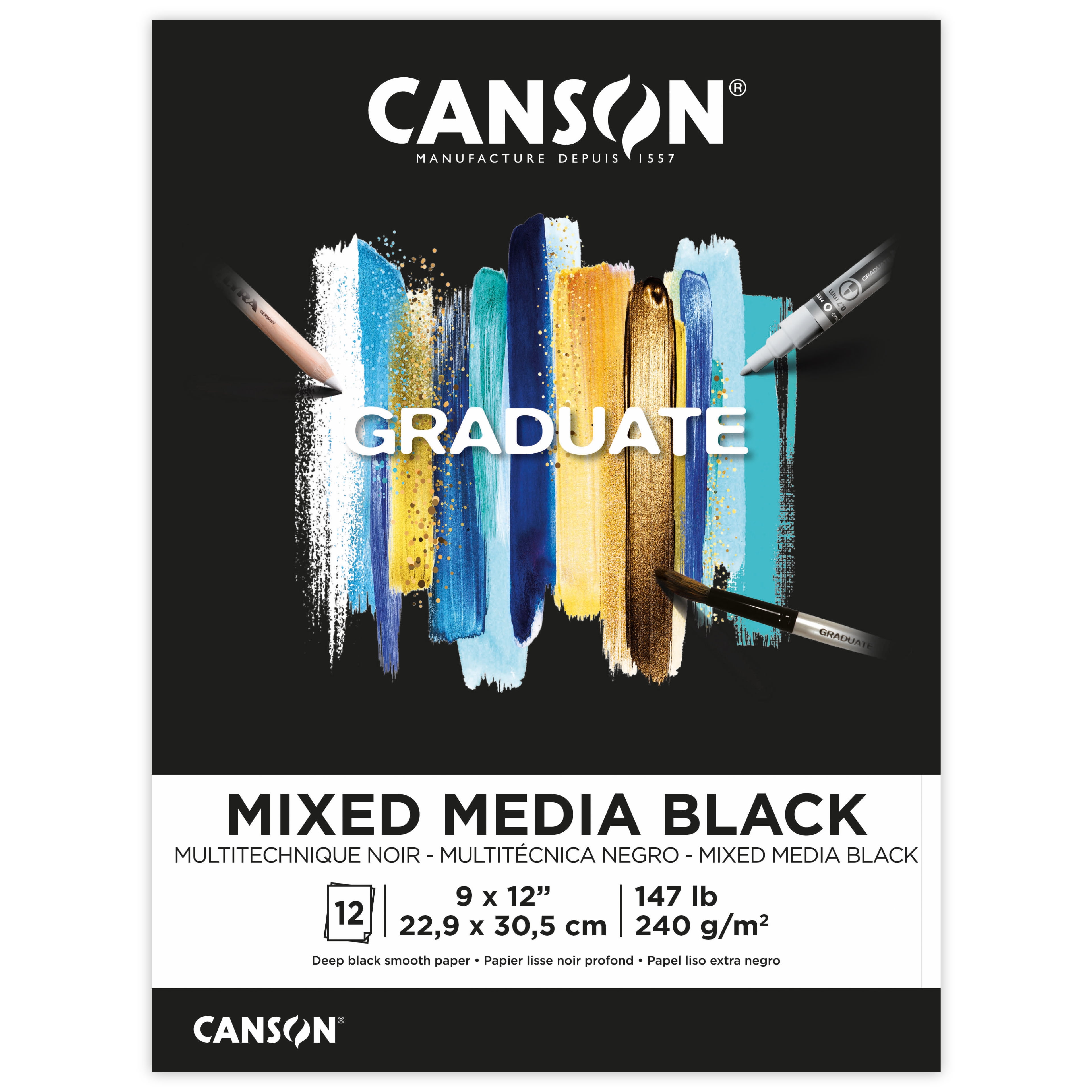 Canson Graduate Mixed Media Paper Pad, Black, Foldover Binding, (147lb ...