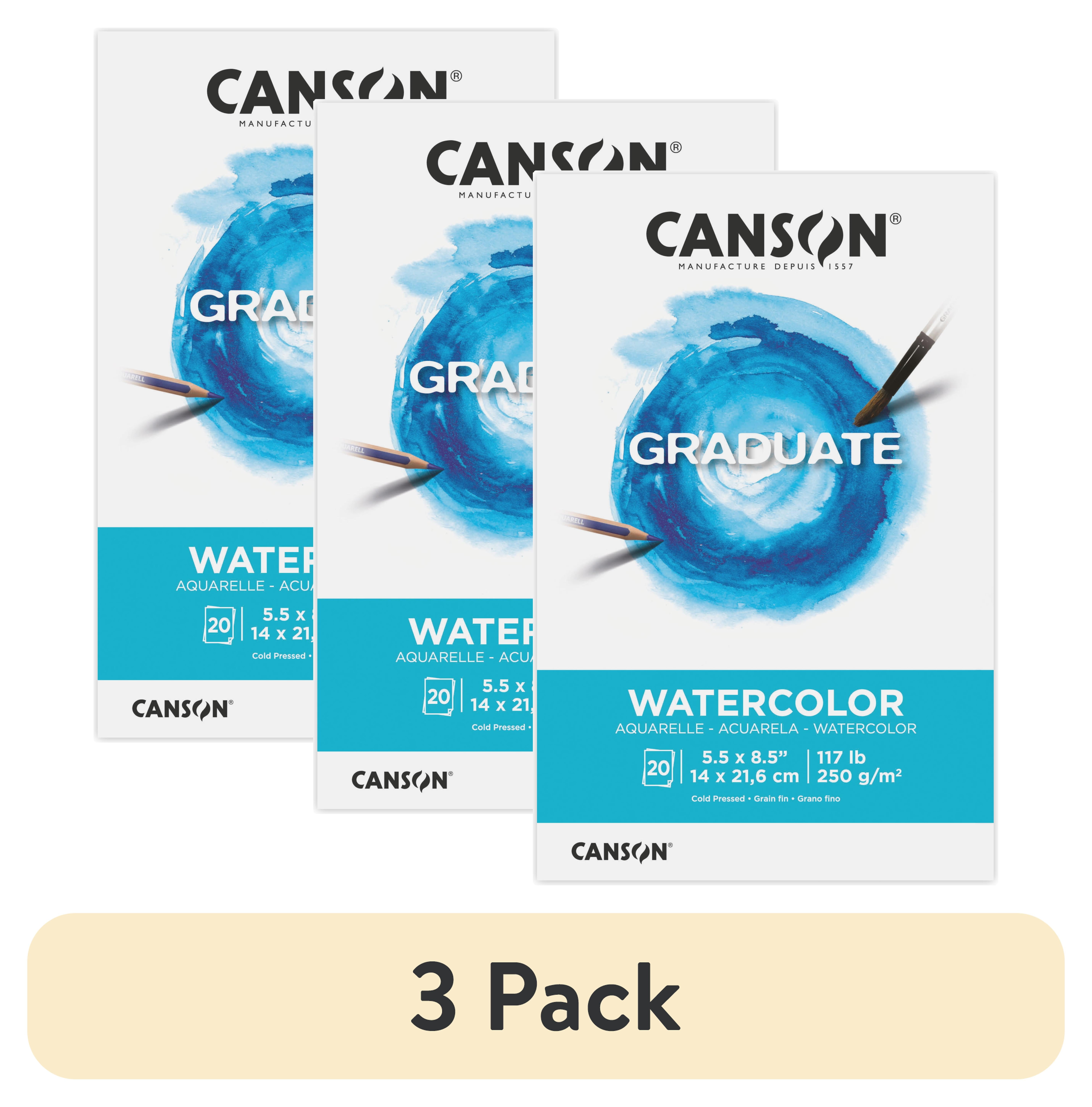 (3 pack) Canson Graduate Watercolor Paper Pad, Foldover Binding, (117lb/250g), 20 Sheet, 5.5" x ...