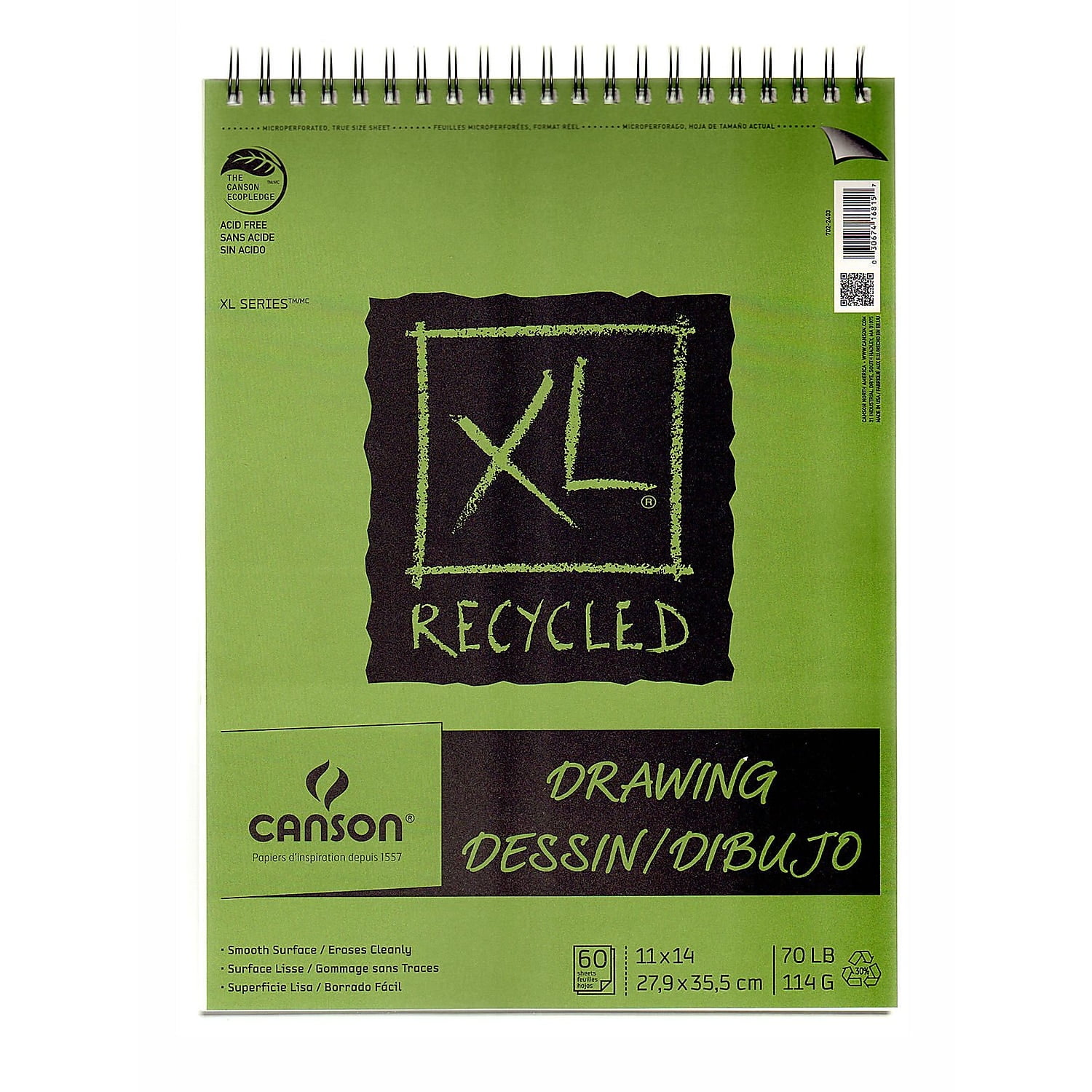 Canson XL Recycled 11" x 14" Wire Bound Drawing Sketch Pad 60 Sheets ...