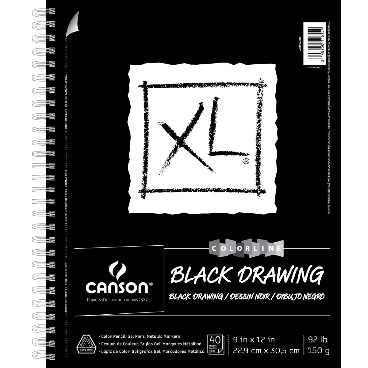 Canson XL Recycled Spiral Drawing Paper Pad 9"X12"-Black 40 Sheets, Pk ...
