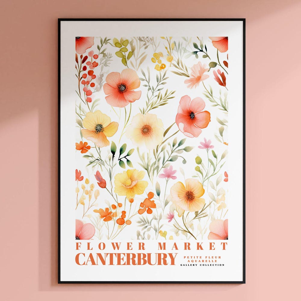 Canterbury Flower Market Print, Watercolor Retro Flower Illustration ...