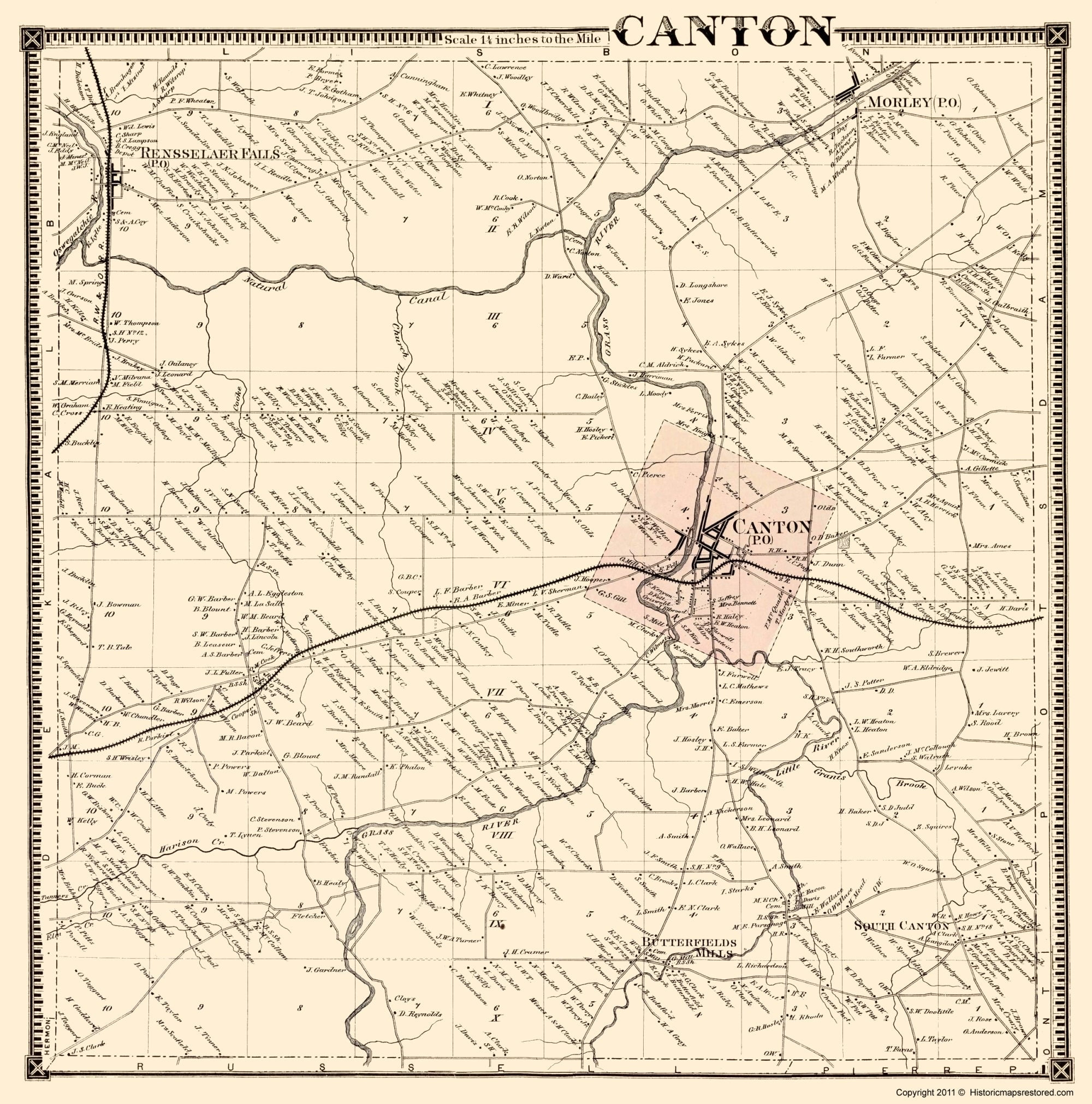 Historic City Map - Canton New York - Stone 1865 - 23 x 23.25 - Vintage ...