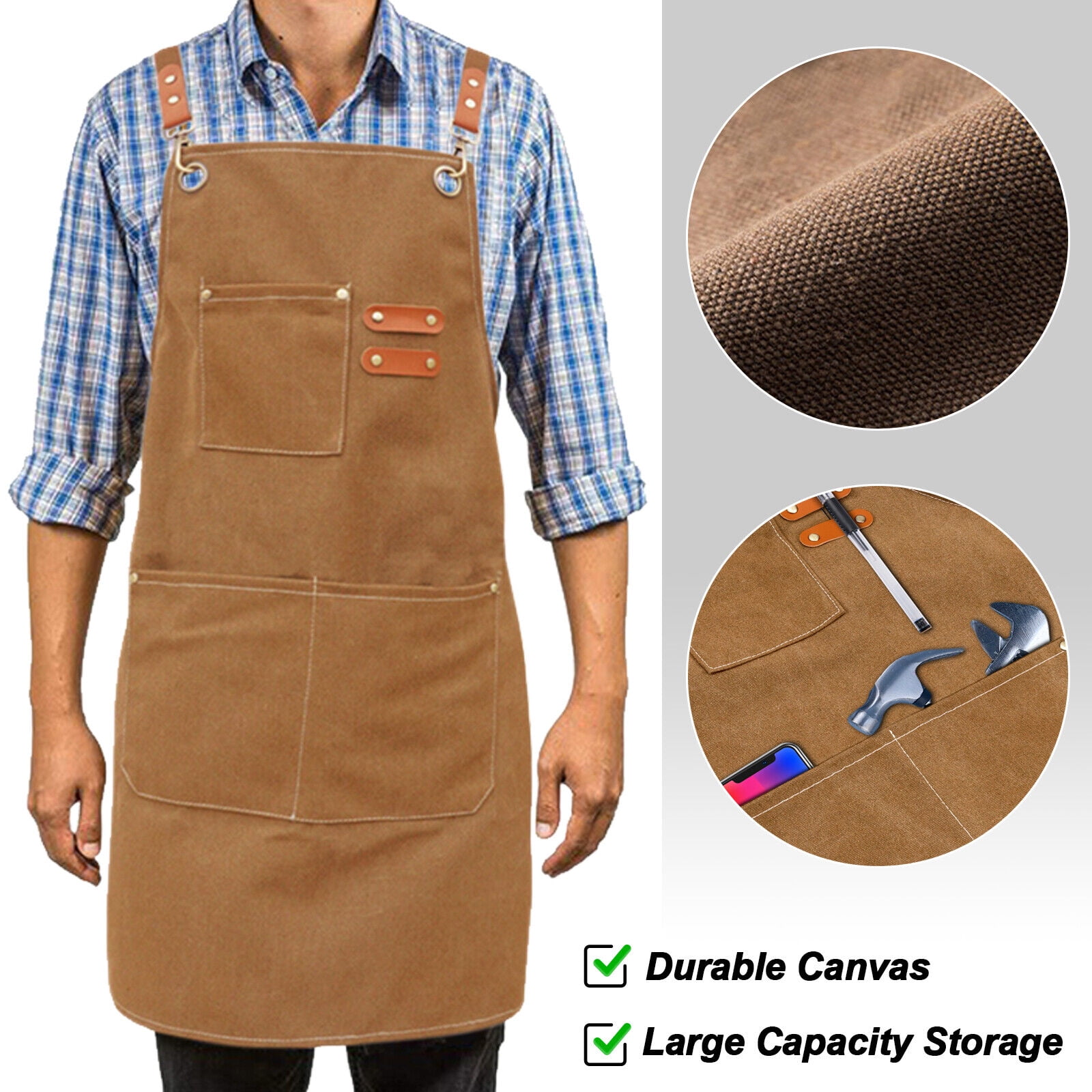 Canvas Aprons with 3 Pockets Thick Apron Cross Back Strap Adjustable ...