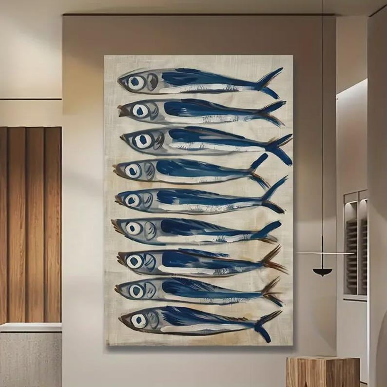 Canvas Art Print Retro Style Sardine Fish Poster, Modern Still Life Wall Decor for Living Room ...