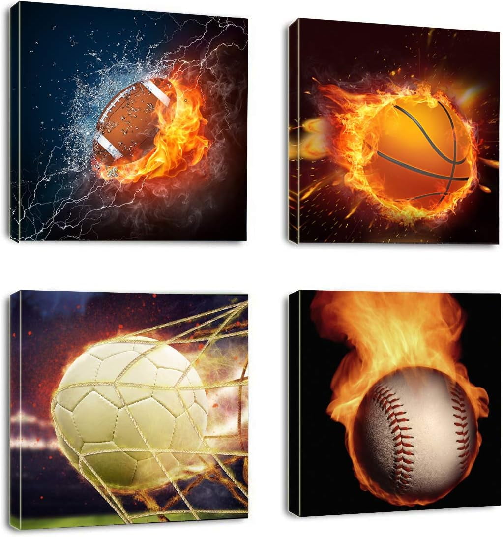 Canvas Art Sports Themed Soccer Football Baseball Basketball on Fire ...