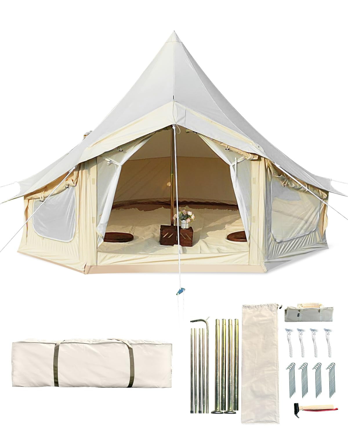 Canvas Bell Tent, 4 Seasons Yurt Tent with 2 Stove Jack, 4 Mesh Zippers ...