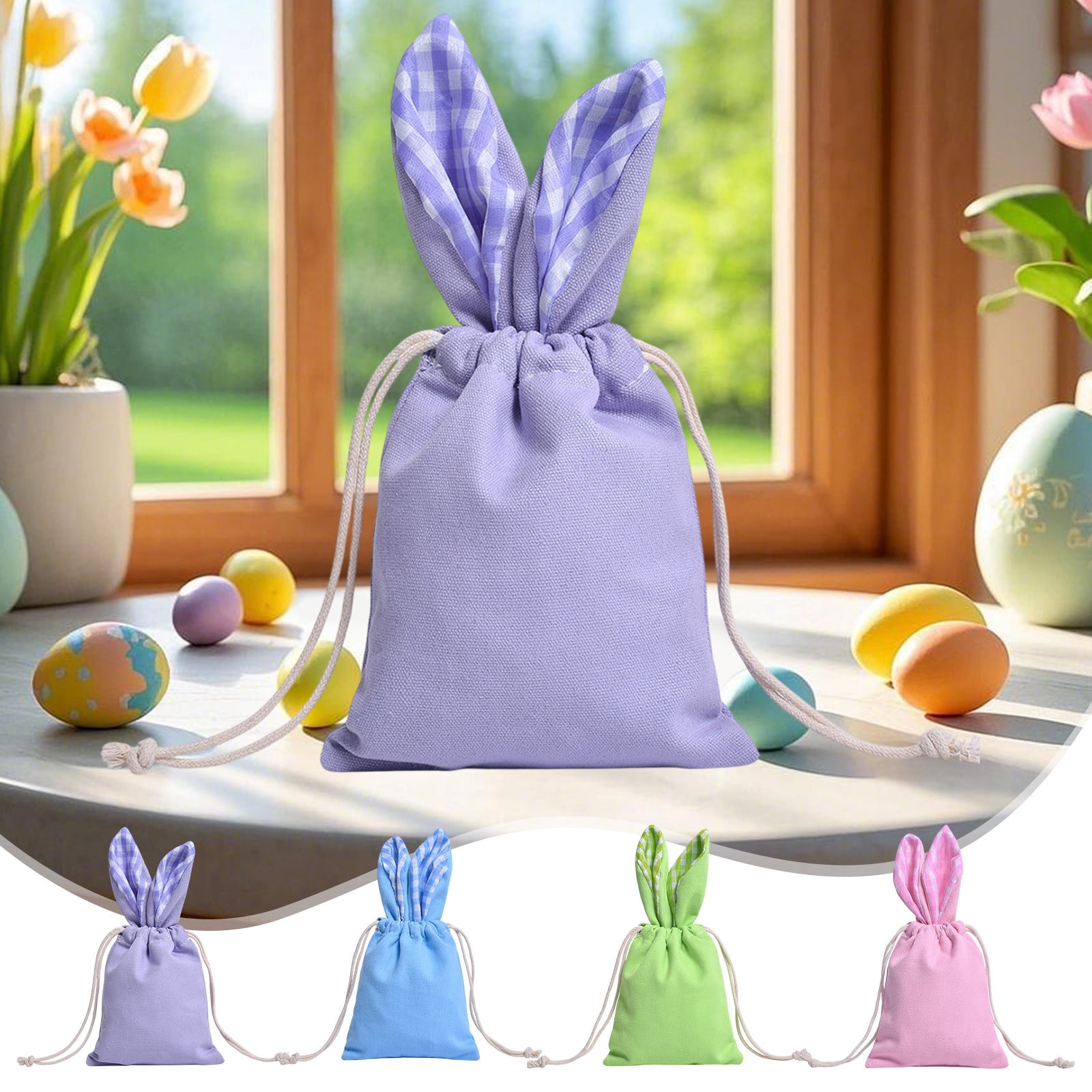 Canvas Easter Tote Bag with Bunny Ears, Multicolor Reusable Gift Basket ...