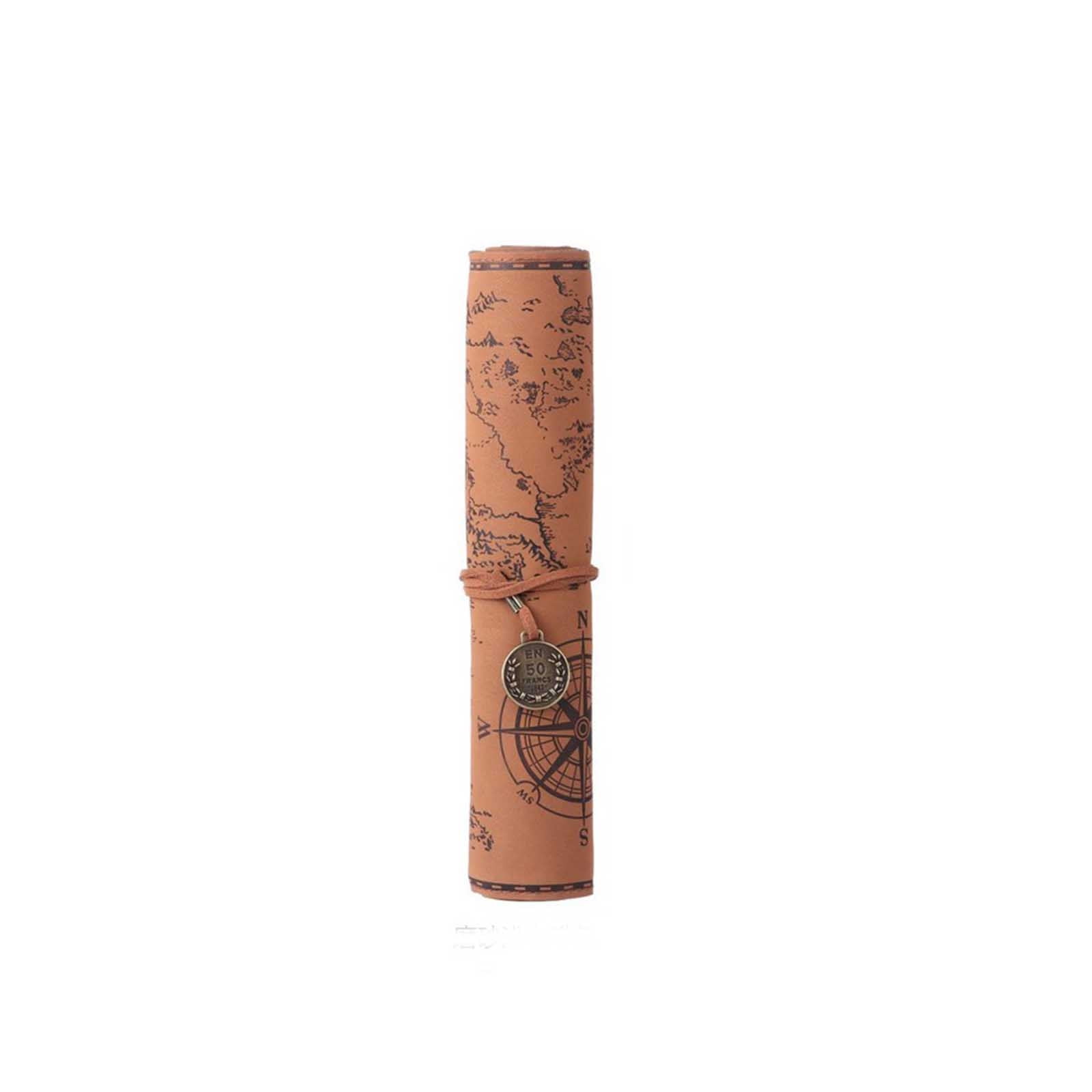 Canvas Leather Pencil Bag Roll,Vintage Treasure Map Pattern Pen Case ...