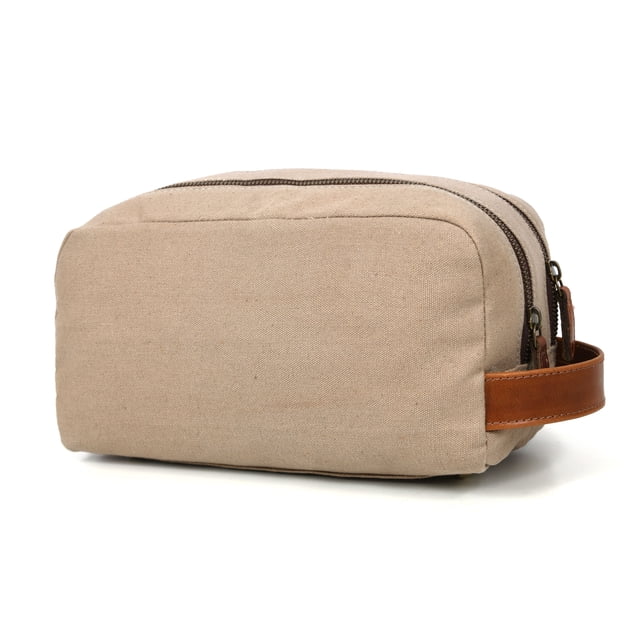 Canvas Leather Toiletry Bag Travel Bathroom Shaving Dopp Kit with Dual ...
