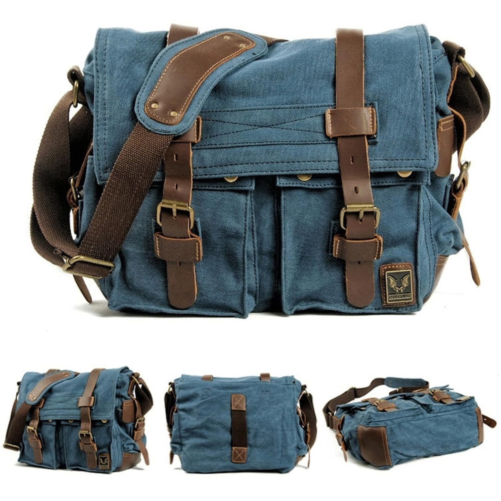 Canvas Messenger Bag, Vintage Genuine Leather Shoulder Bag, Large ...