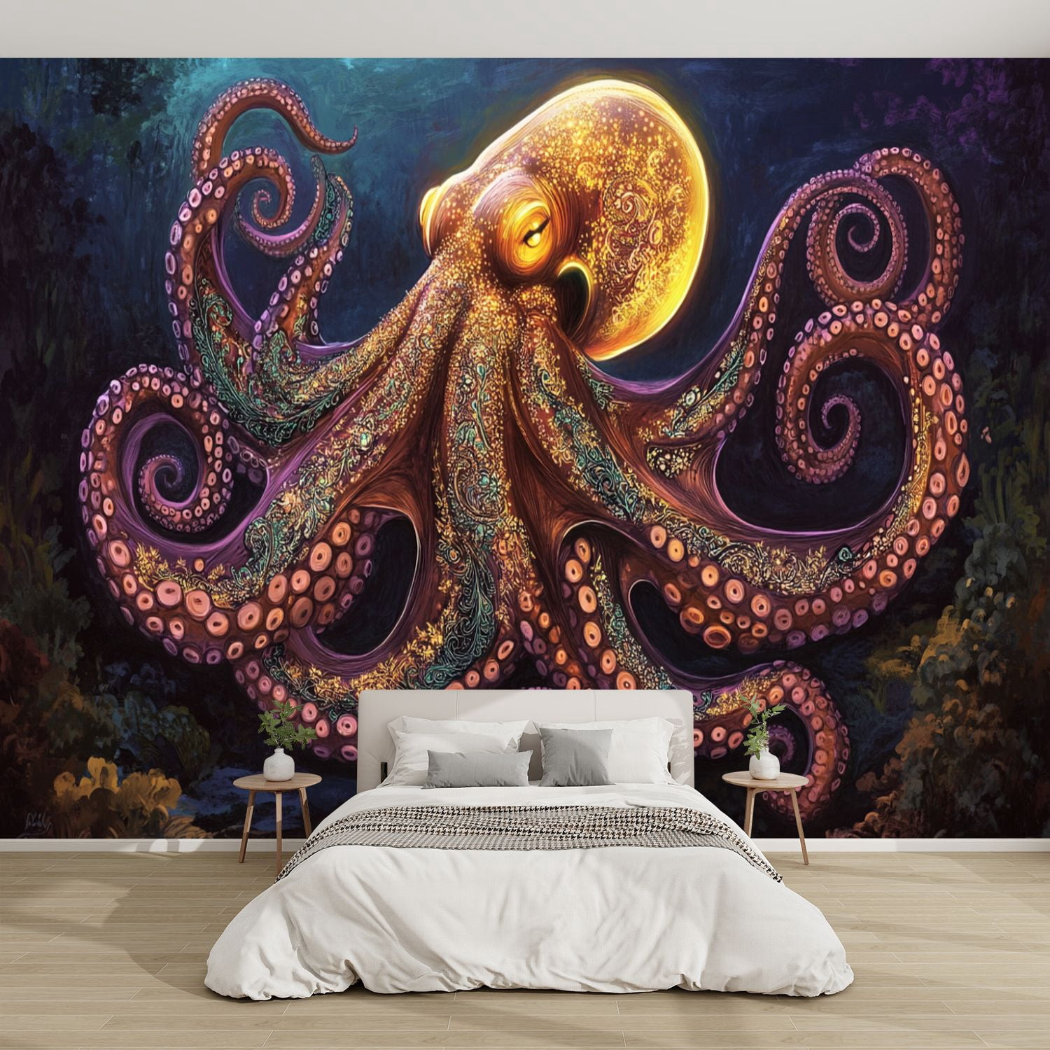 Canvas Modern Wallpaper Murals 3D Glowing Octopus Paisley Swirls Art ...