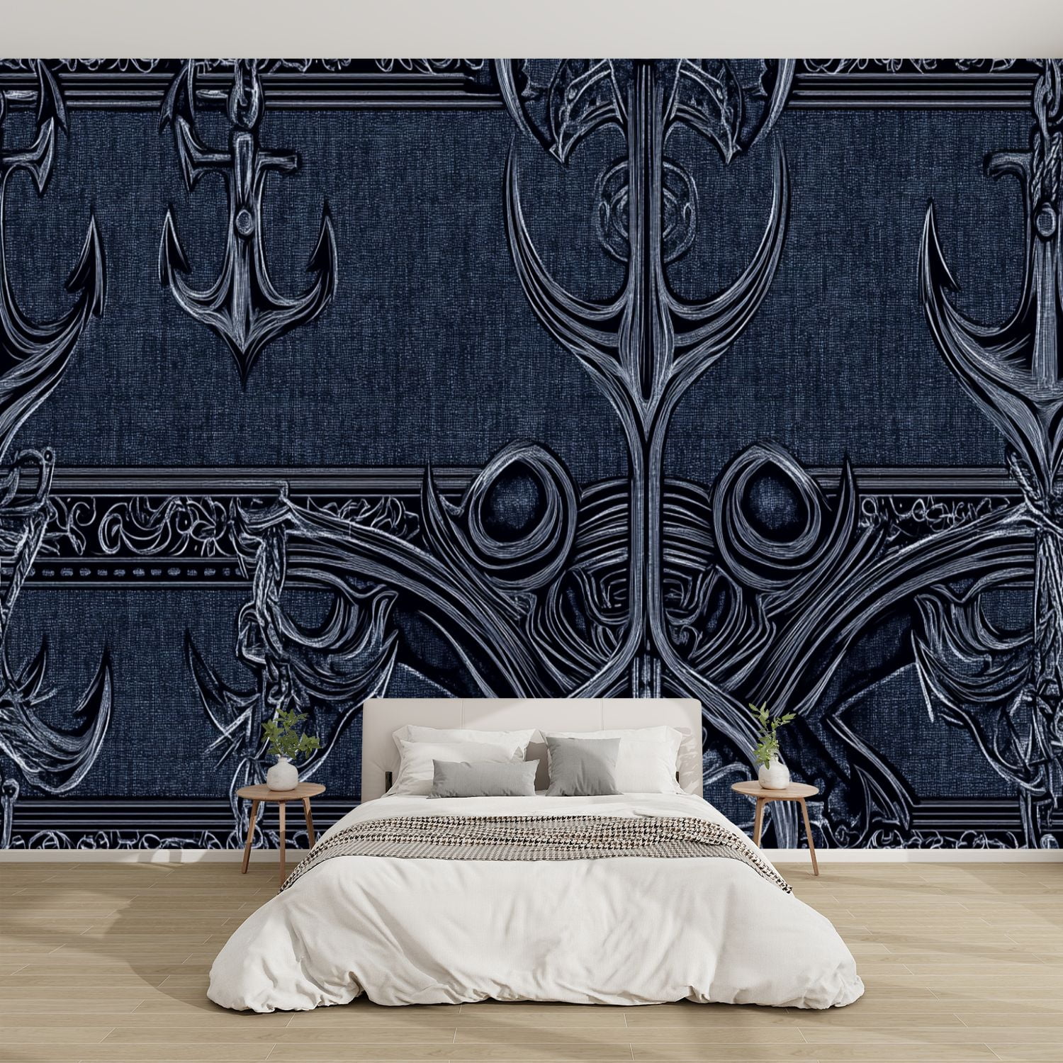 Canvas Modern Wallpaper Murals 3D Intricate Maritime Anchor Denim ...