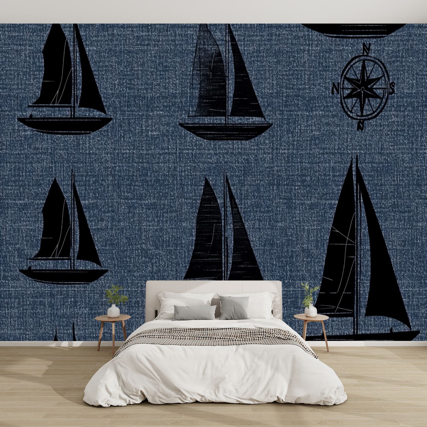 Canvas Modern Wallpaper Murals 3D Nautical Theme Denim Hand Drawn ...