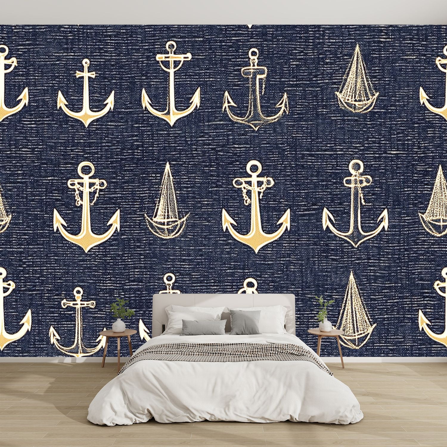 Canvas Modern Wallpaper Murals 3D Navy Blues Sailboat Pattern Steering ...