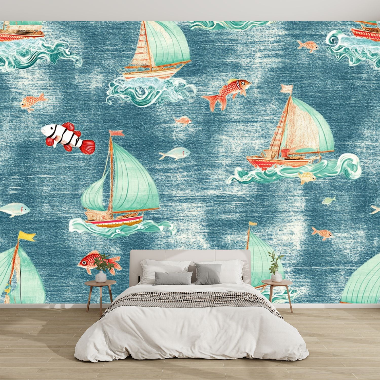 Canvas Modern Wallpaper Murals 3D Sailboats Waves Fish Denim Look ...