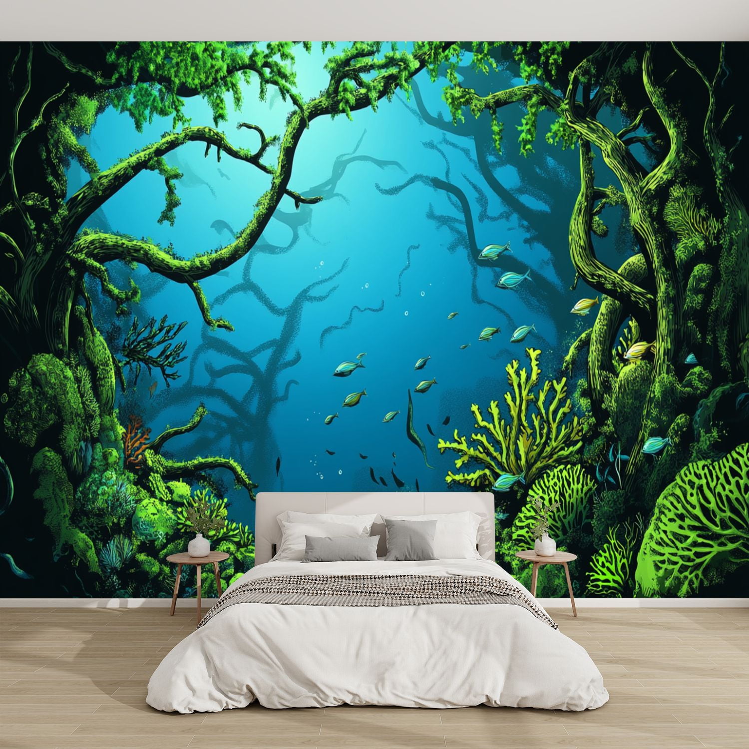 Canvas Modern Wallpaper Murals 3D Verdant Coral Illustration Tropical Fish Blue Ocean Peel and ...