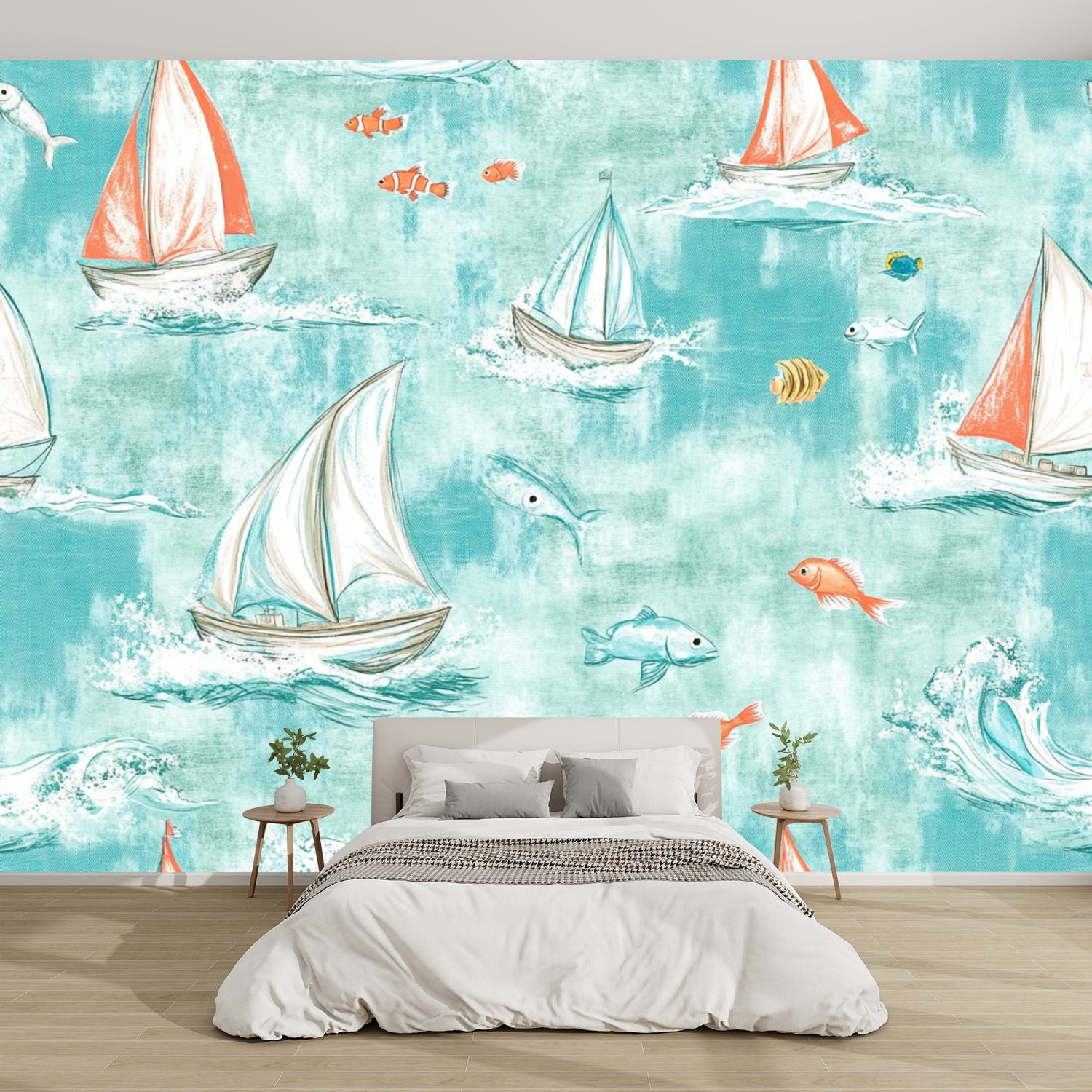 Canvas Modern Wallpaper Murals 3D Vibrant Sailing Boats Print Seafoam ...