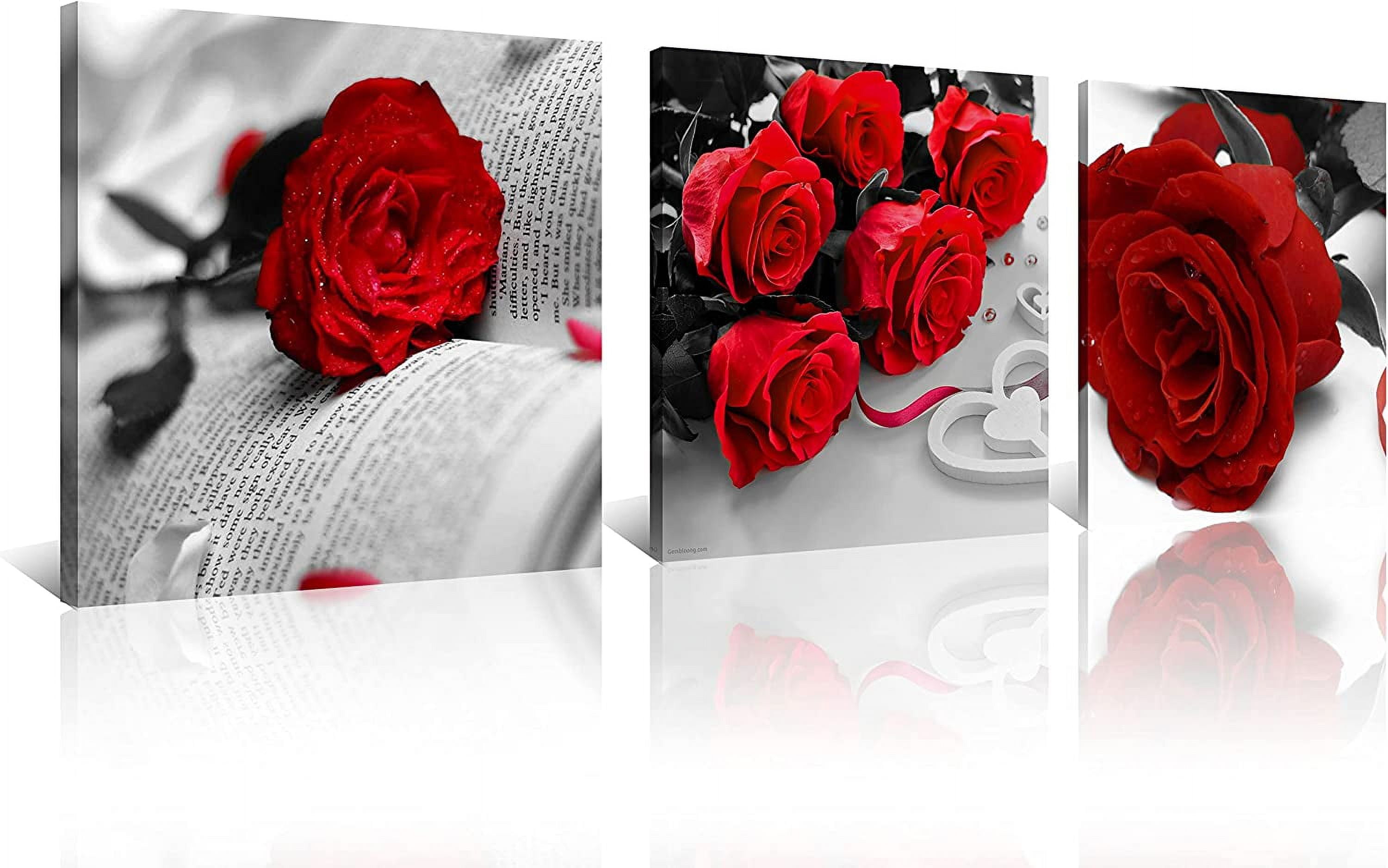 Canvas Print 3 Pcs Black and White Red Rose Canvas Art Painting ...