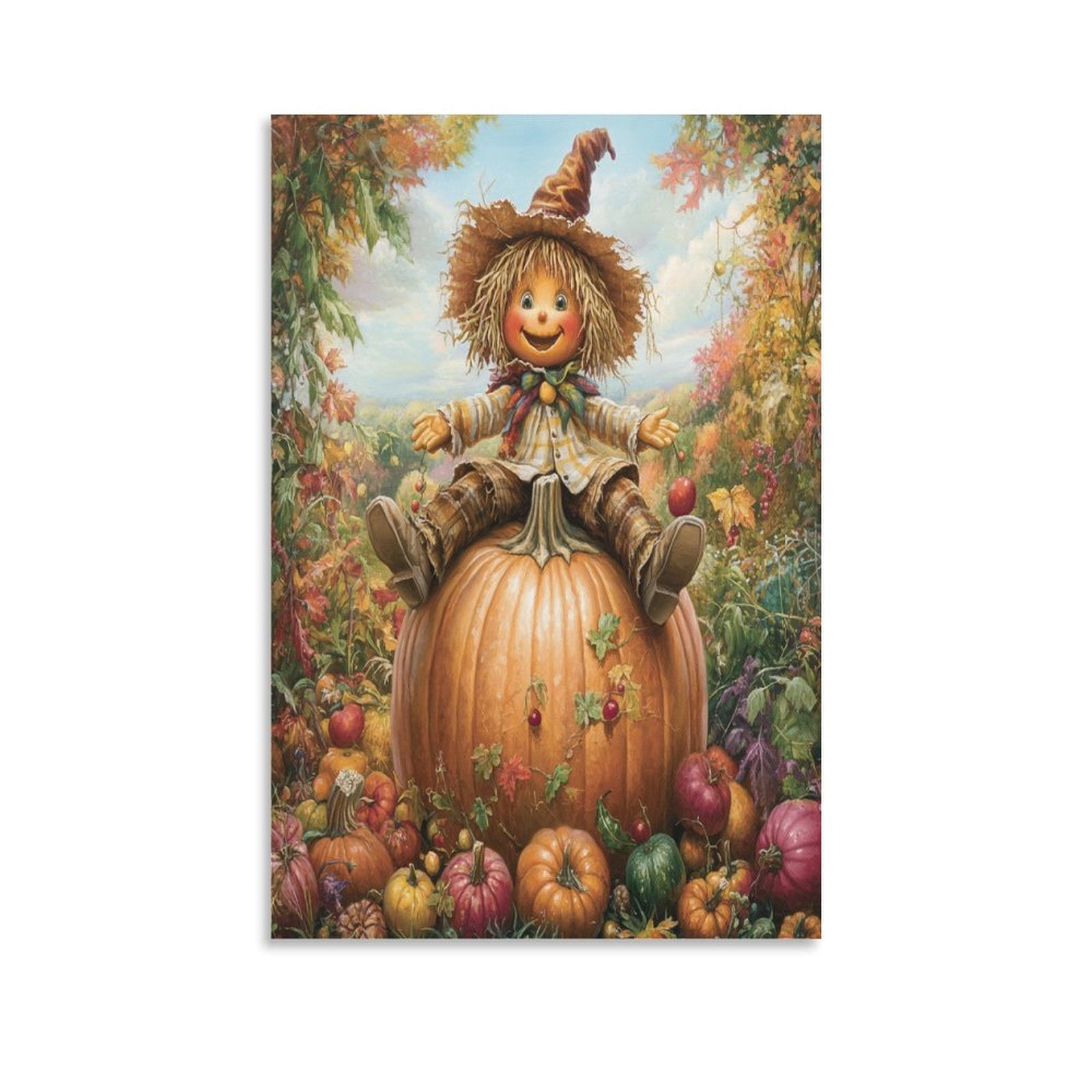 Canvas Print Autumn Harvest Fruits And Vegetables with Scarecrow Canvas ...