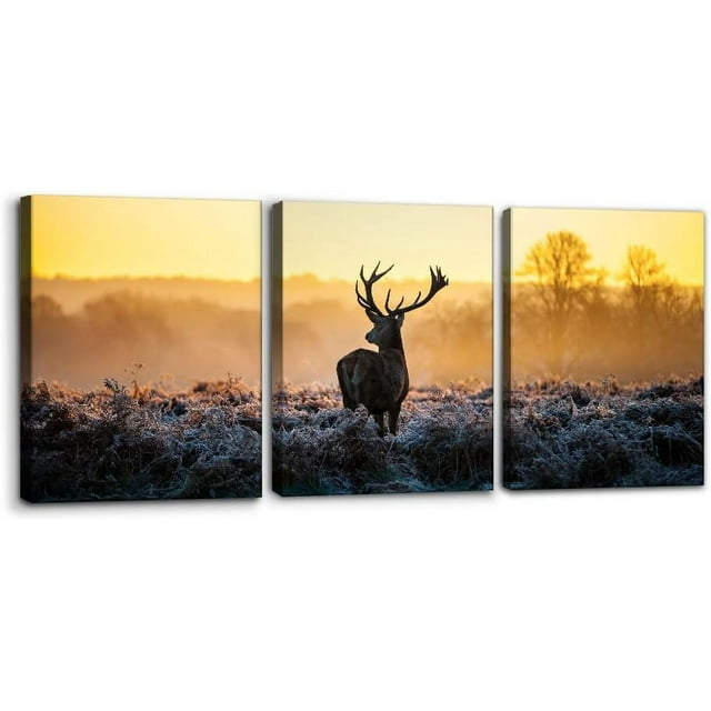 Canvas Print Wall Art 3 Pieces Set Deer in Golden Light at Dawn Nature ...