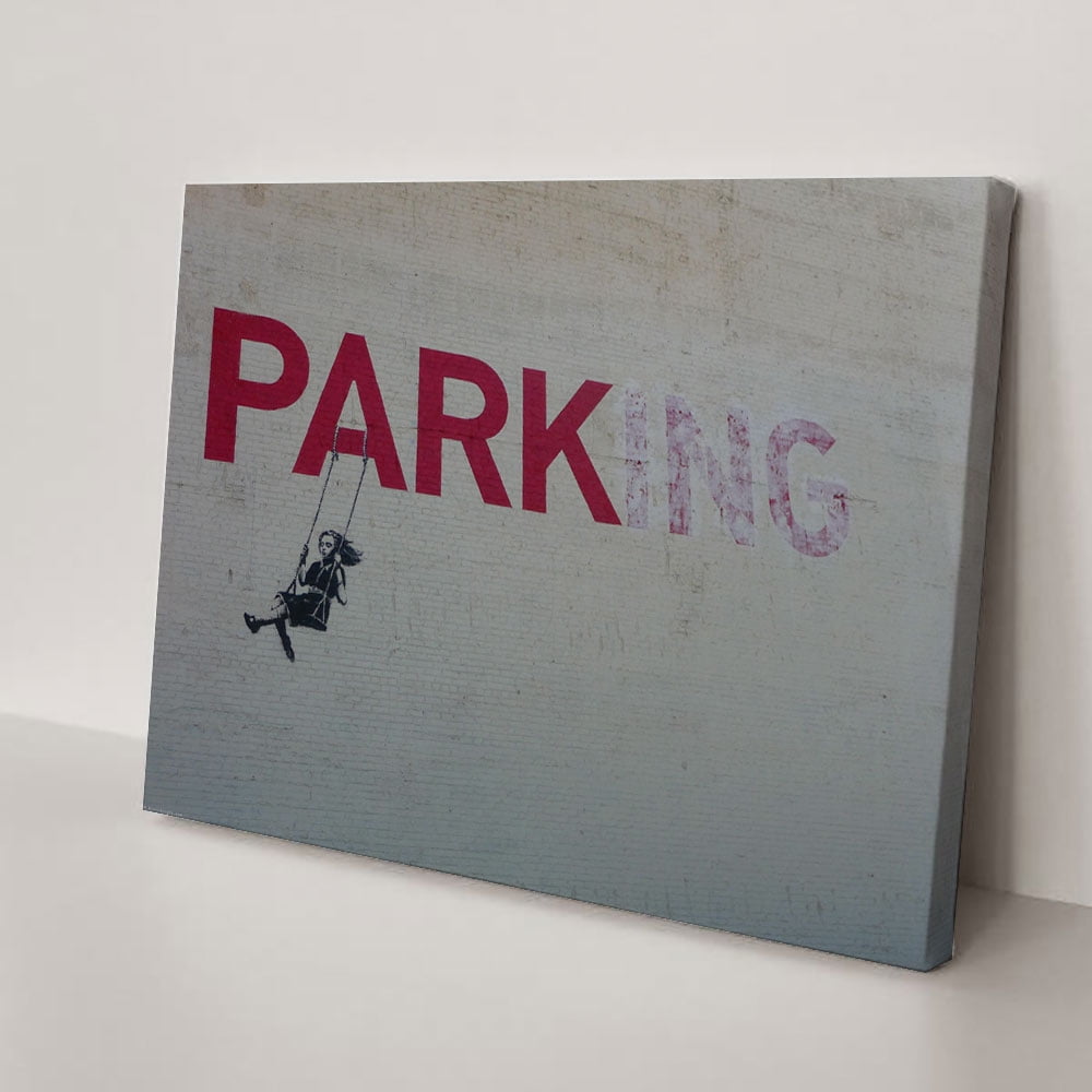 Canvas Print Wall Art Banksy Little Girl on Swing Below Parking Sign ...