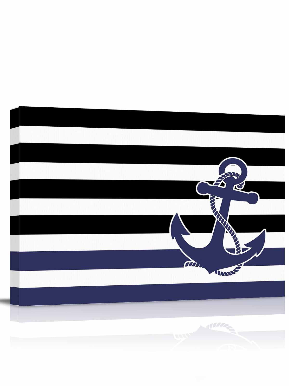 Canvas Print Wall Art Blue Anchor Costal Black White Blue Stripes ...
