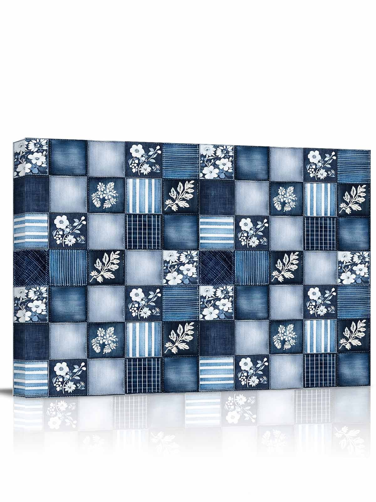 Canvas Print Wall Art Blue Patchwork Blue Floral Checkered White Leaf ...