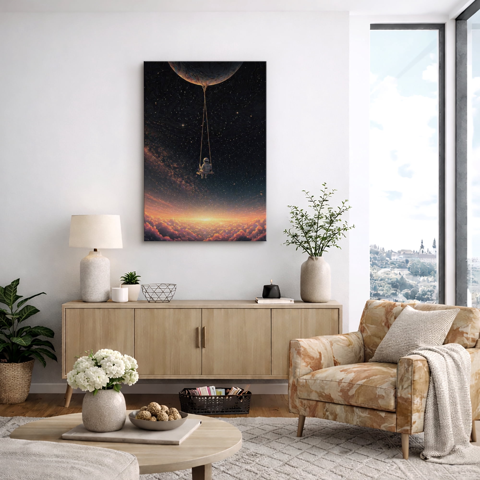 Canvas Print Wall Art Child Floating Above Sunset Clouds Print Surreal ...