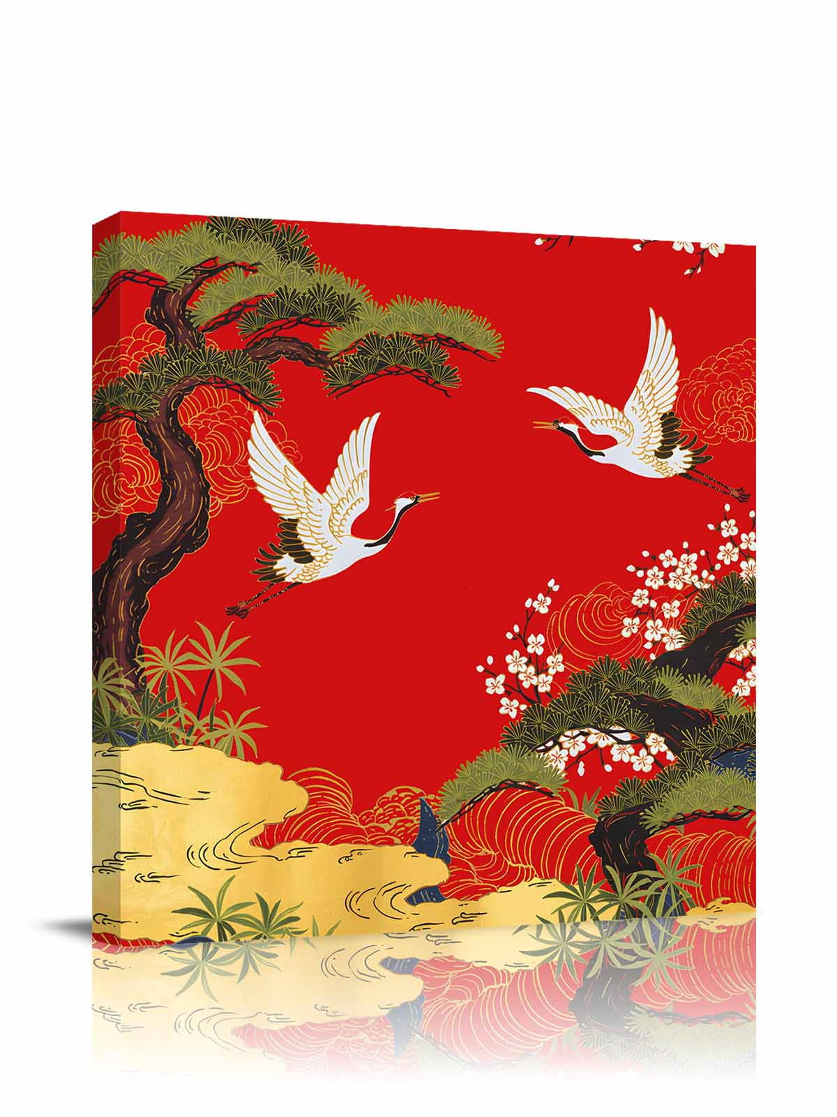 Canvas Print Wall Art Classic Animal Crane Pine Golden Moire Red Backdrop Framed Canvas Art Wall ...