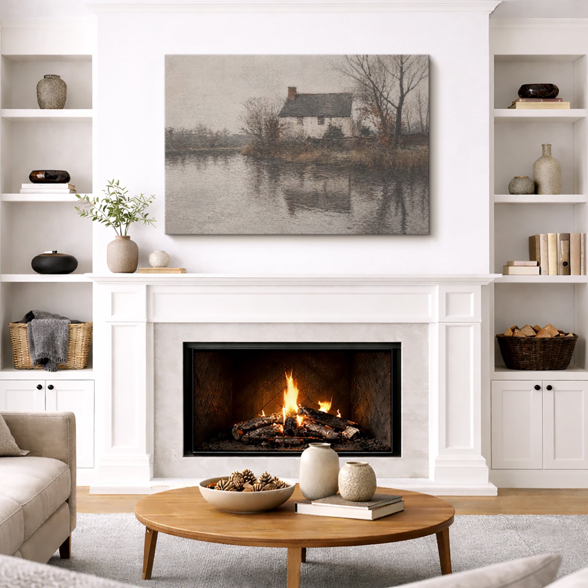 Canvas Print Wall Art Cottage by Reflective Lake Print Countryside ...