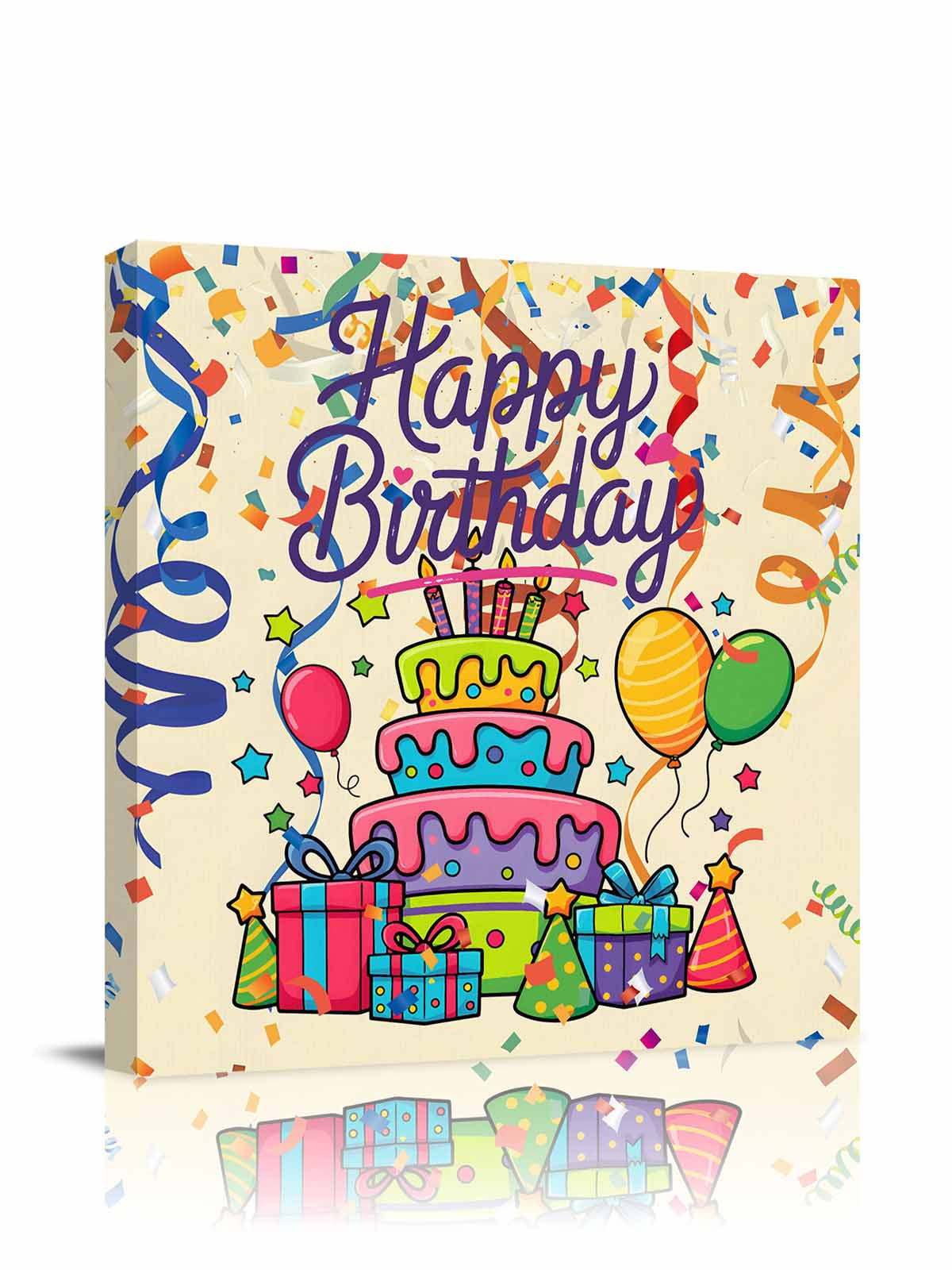 Canvas Print Wall Art Happy Birthday Ribbon Cake Gift Balloon Modern ...