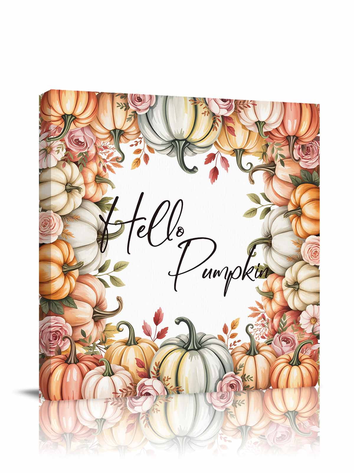 Canvas Print Wall Art Hello Pumpkin Pink Rose Fall Thanksgiving Framed ...