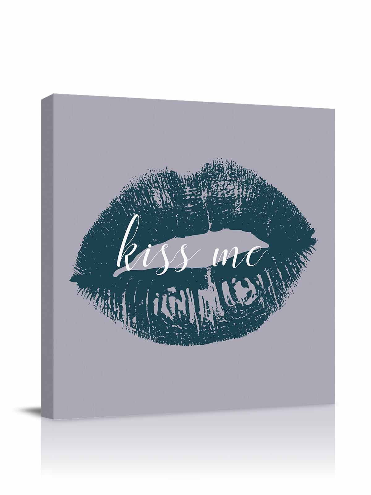 Canvas Print Wall Art Kiss Me Text Lipprint Purple Blue Retro Abstract ...