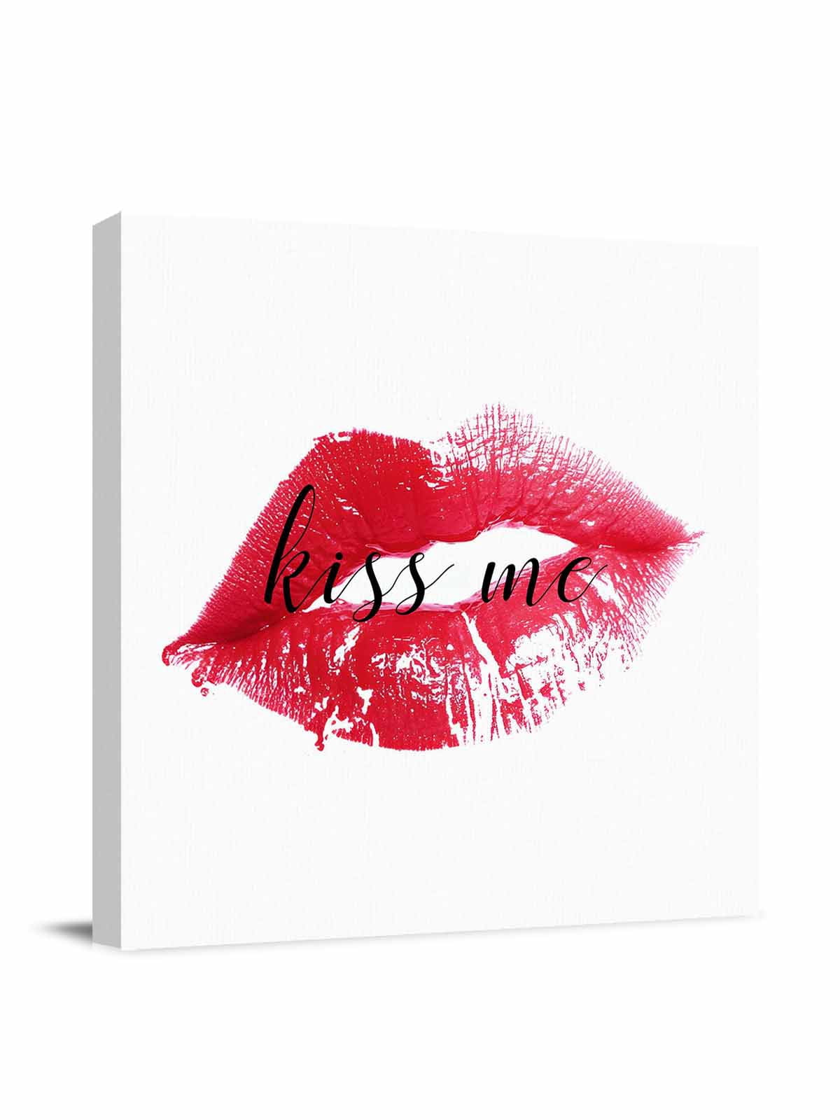Canvas Print Wall Art Kiss Me Text Lipprint Retro Abstract Red Lips ...