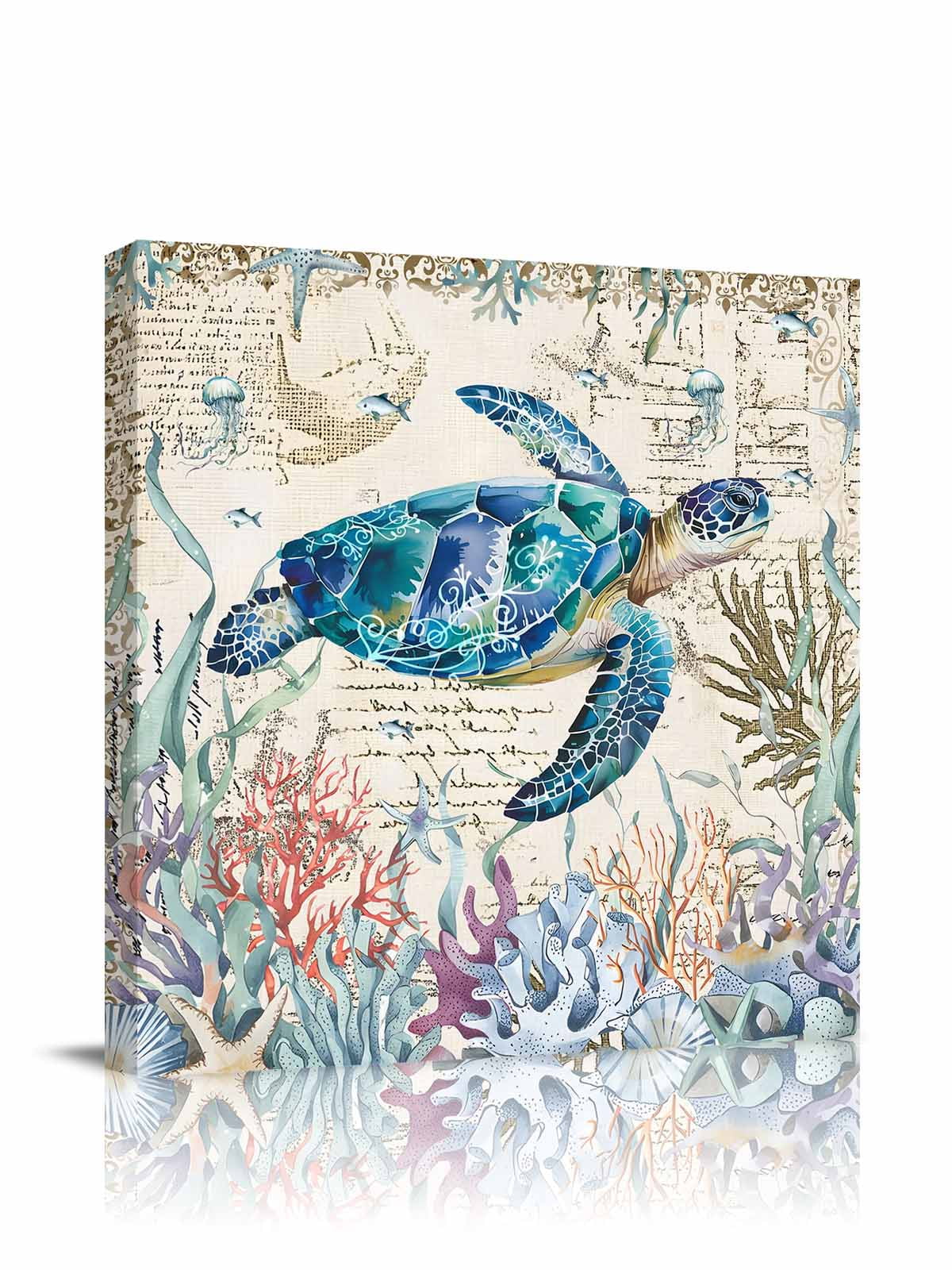 Canvas Print Wall Art Ocean Teal Sea Turtle Coral Seagrass Retro ...