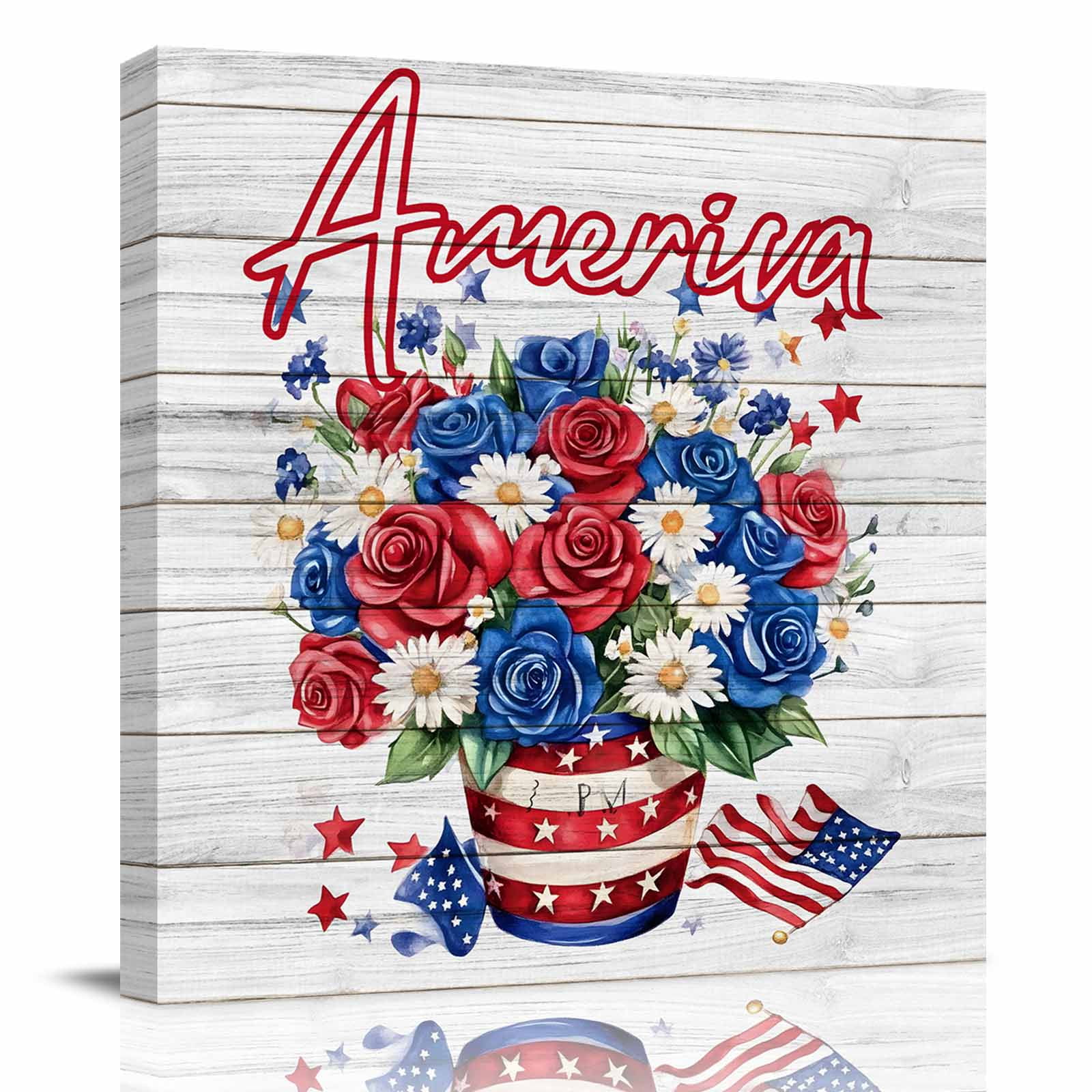 Canvas Print Wall Art Oil Paintings 4th of July American Patriotic Flower on White Wood Picture ...