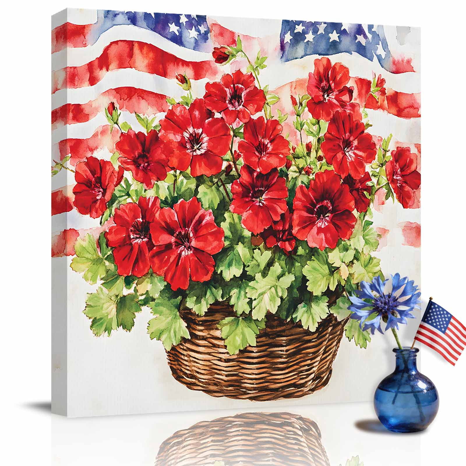 Canvas Print Wall Art Oil Paintings Begonia Flower American Flag on ...