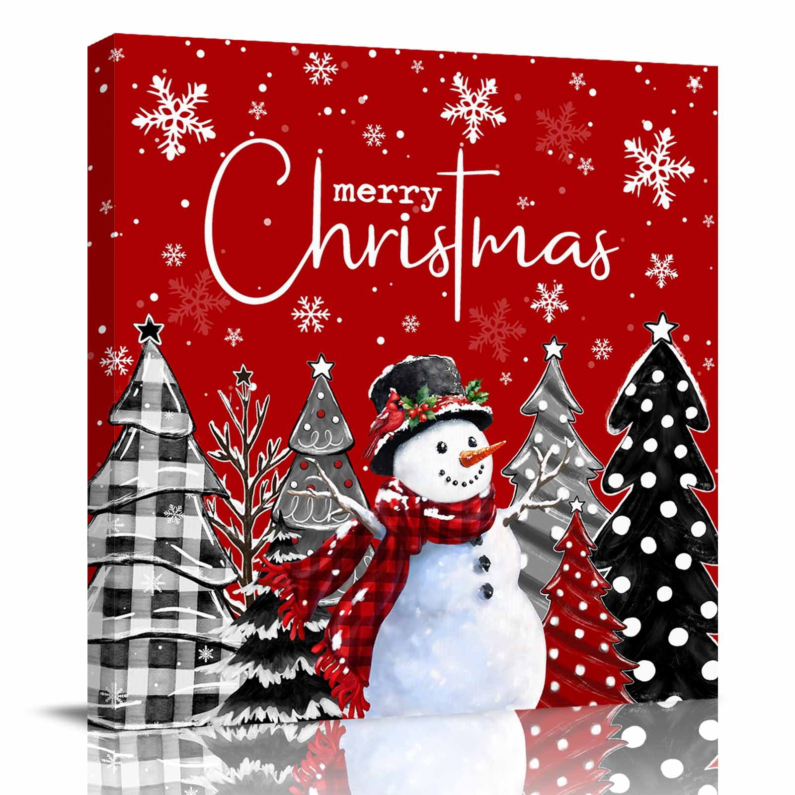 Canvas Print Wall Art Oil Paintings Christmas Snowman Black Plaid Pine ...
