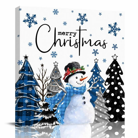 Canvas Print Wall Art Oil Paintings Merry Christmas Snowman Pine Tree ...