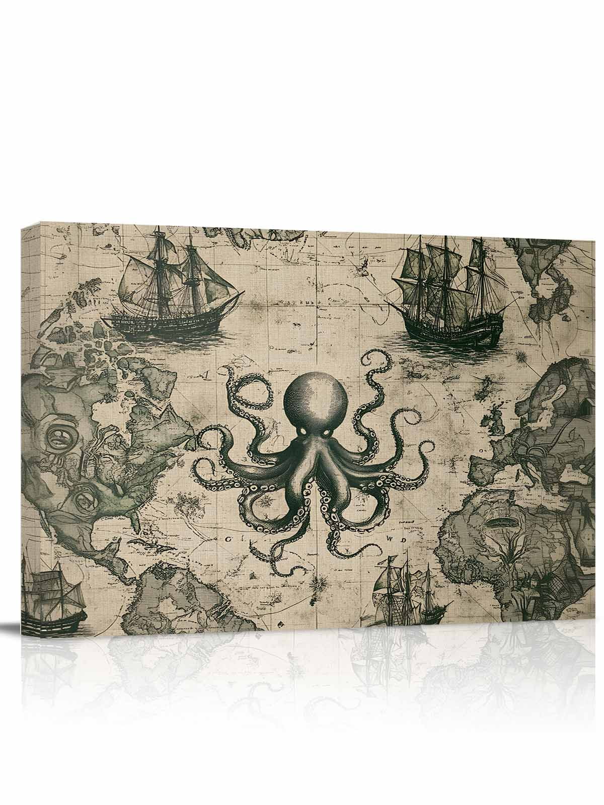 Canvas Print Wall Art Retro Medieval Map Octopus Nautical Framed Canvas ...