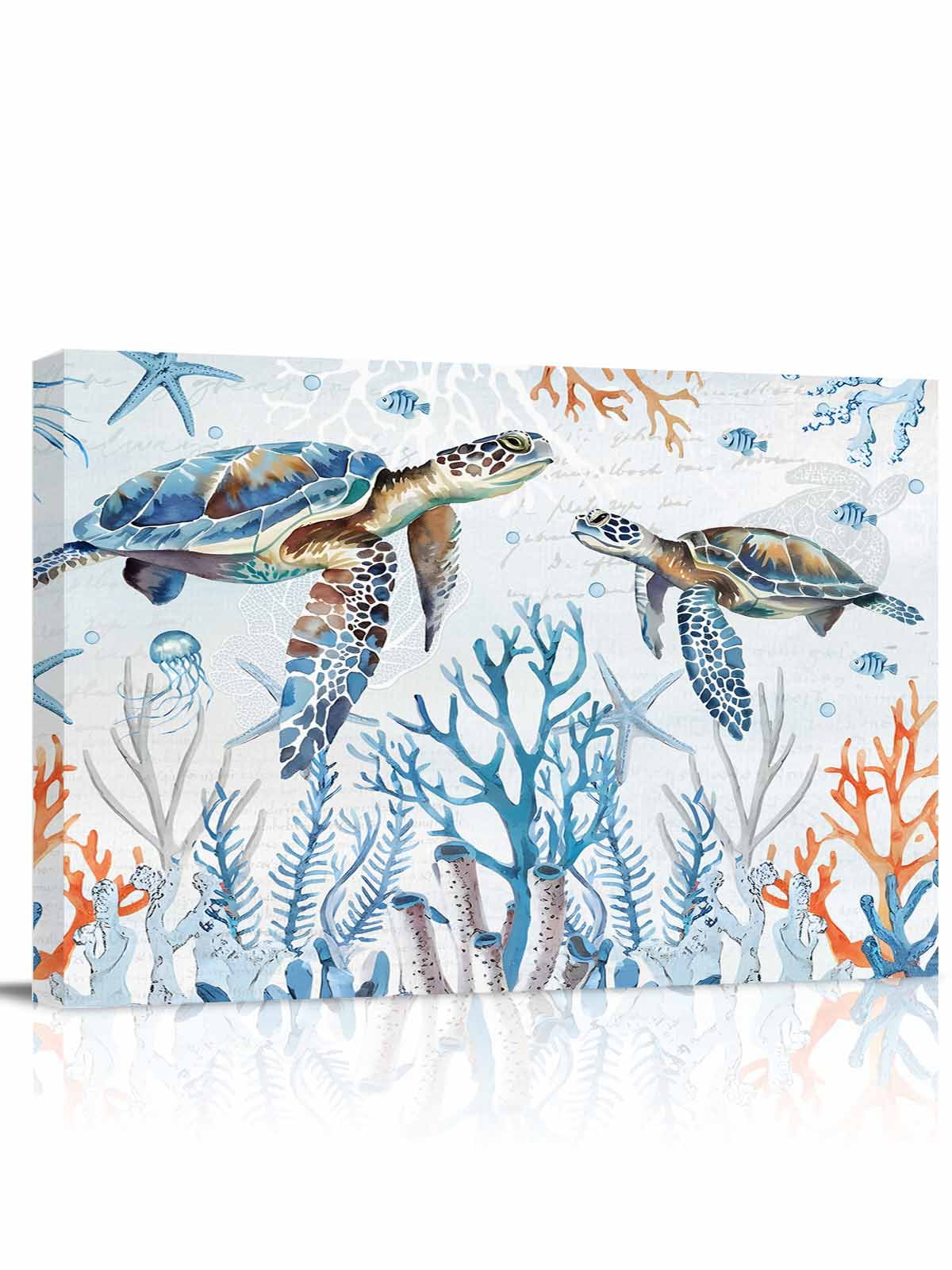 Canvas Print Wall Art Sea Turtle Seagrass Coral Starfish Jellyfish ...